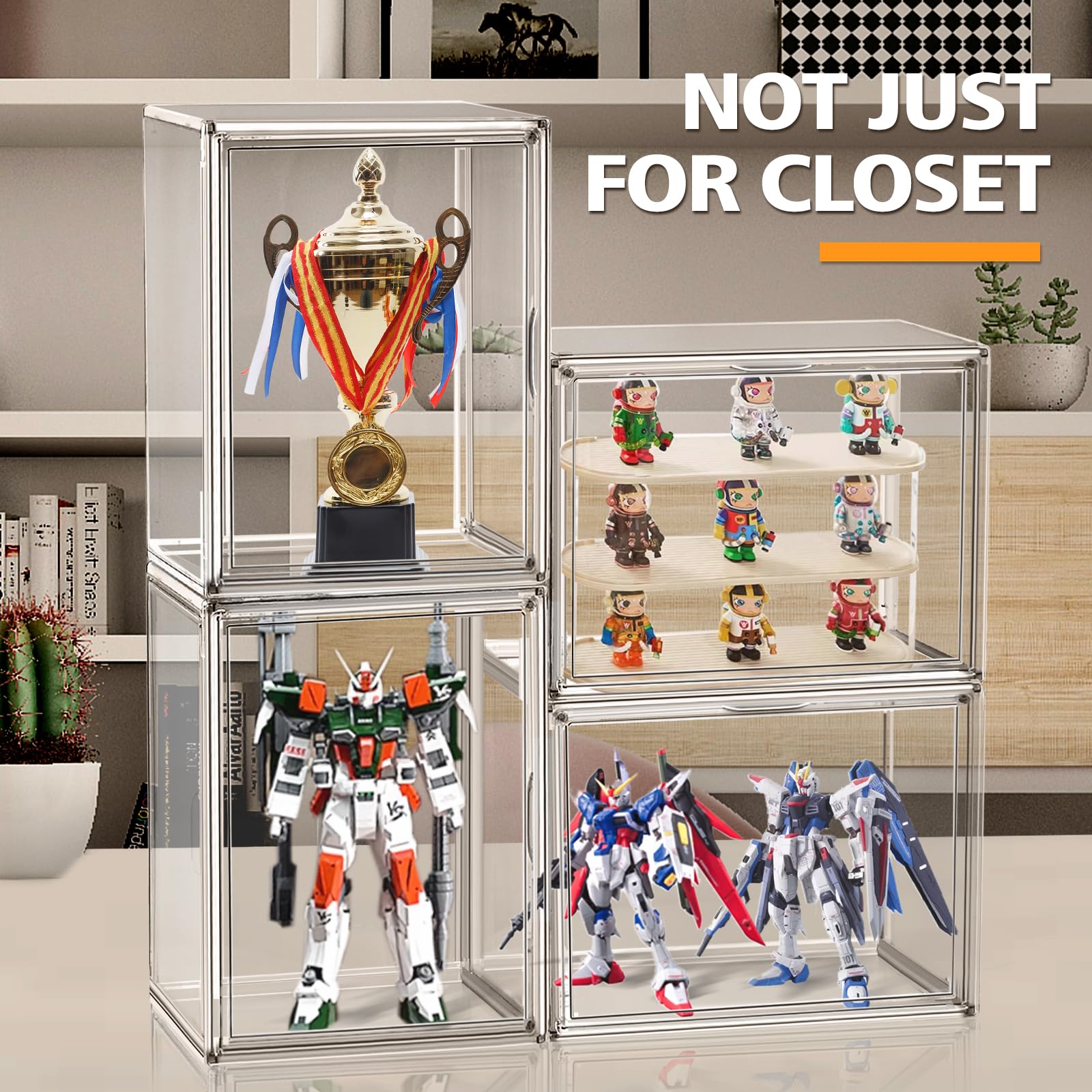 4Pack Clear Stackable Plastic Storage Bins with Magnetic Attraction Lid, Dustproof Book & Cosmetic Display Cases, Large Figures Collectibles Showcase, Shoe Box, Bag Organizer