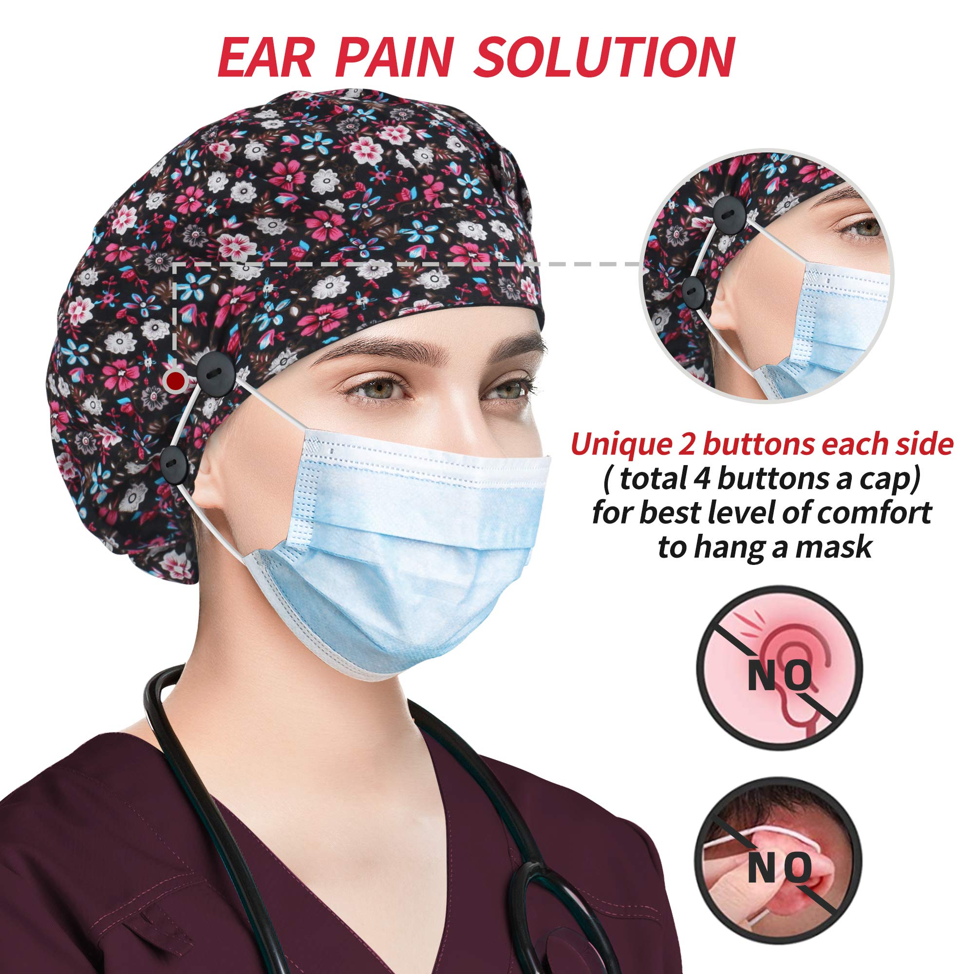 ABAMERICA Bouffant Caps with Button and Sweatband, Adjustable Scrub Caps for Women Men, Satin Layer
