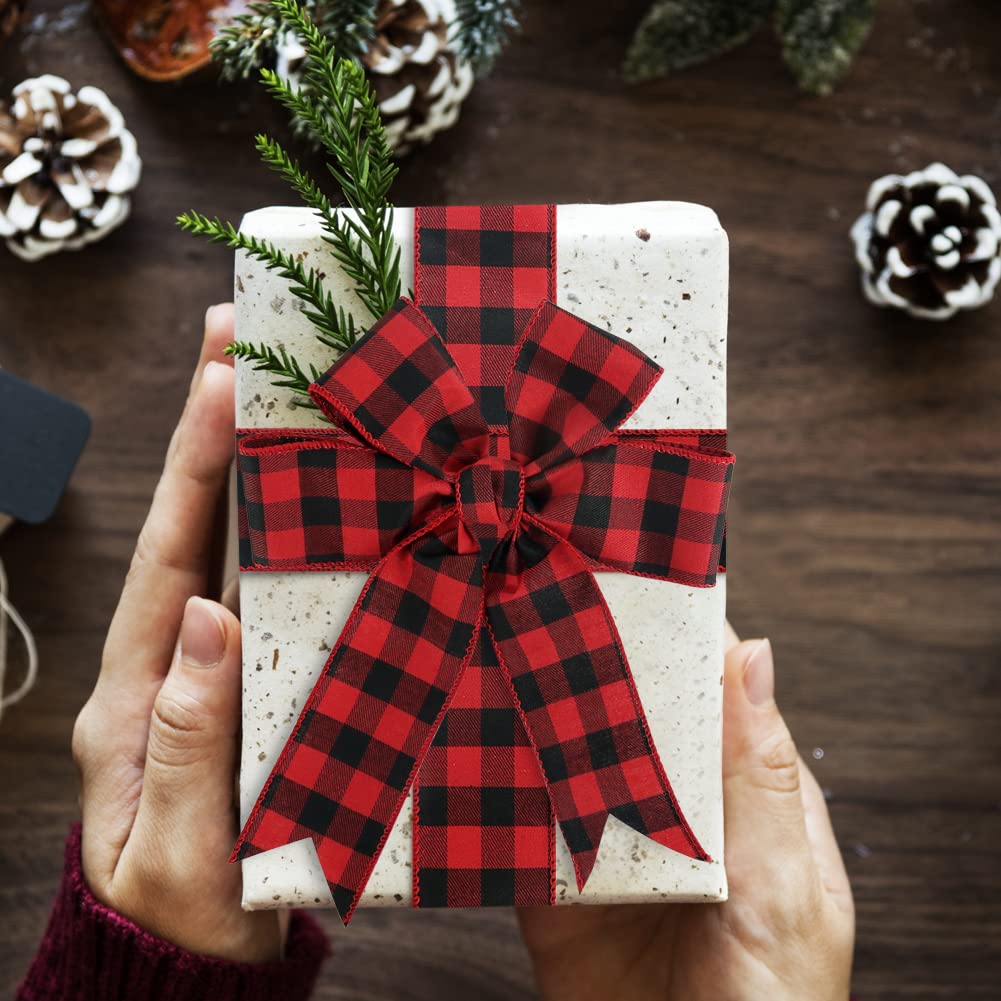 Tenn Well Buffalo Plaid Ribbon, 19.6 Yards 2.5 inch Wired Christmas Ribbon, Red and Black Plaid Ribbon for Bow Making, Gift Wrapping, Wreath Making, Christmas Tree Decoration (2 Roll x 9.8 Yards)