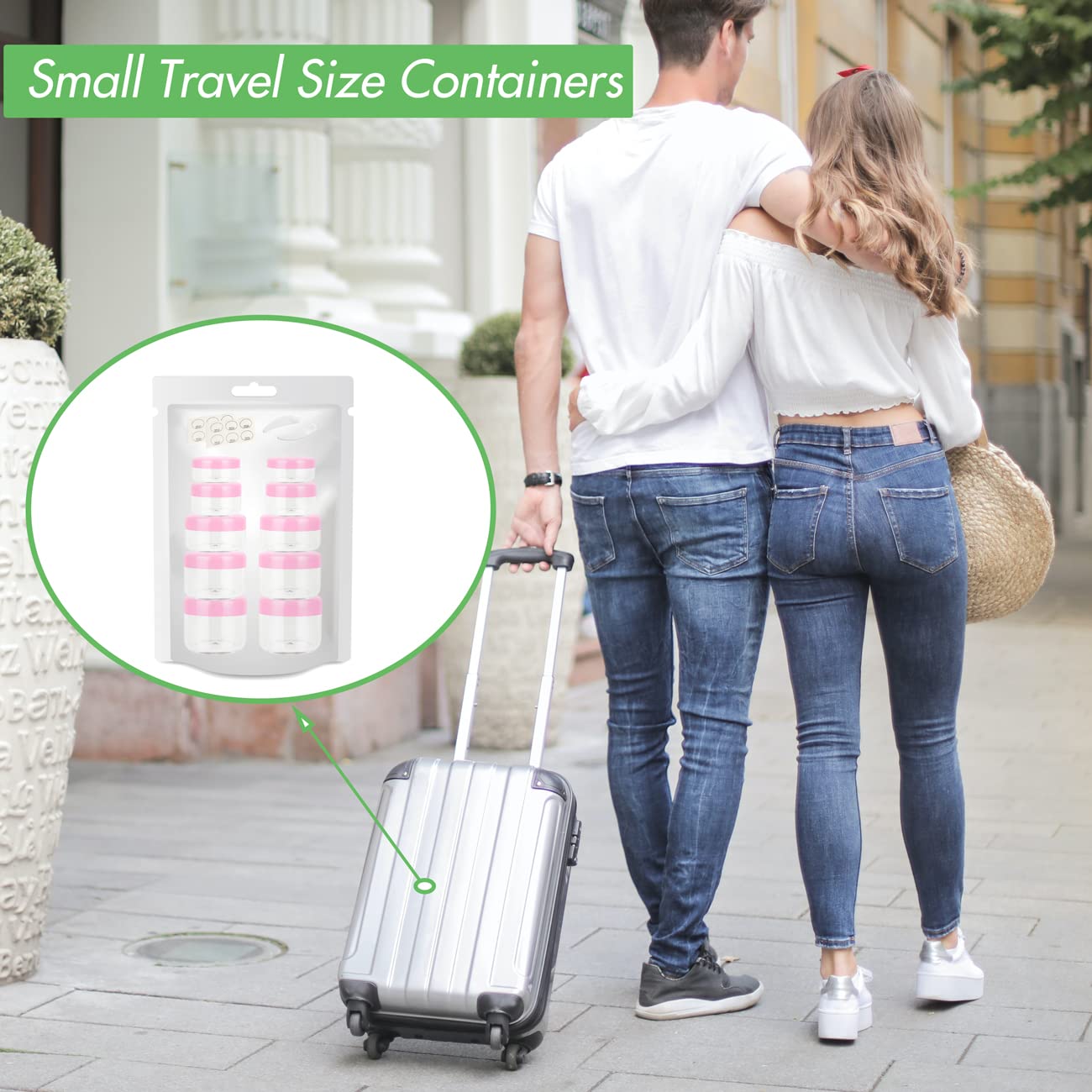 ZEJIA 10pcs Small Travel Containers, Pink Sample Containers with Screw Lids, 5 Size 3/5/10/15/20 Gram Sample Jars with 12pcs Labels and 2pcs Mini Disposable Spatula, Makeup Sample Containers BPA Free