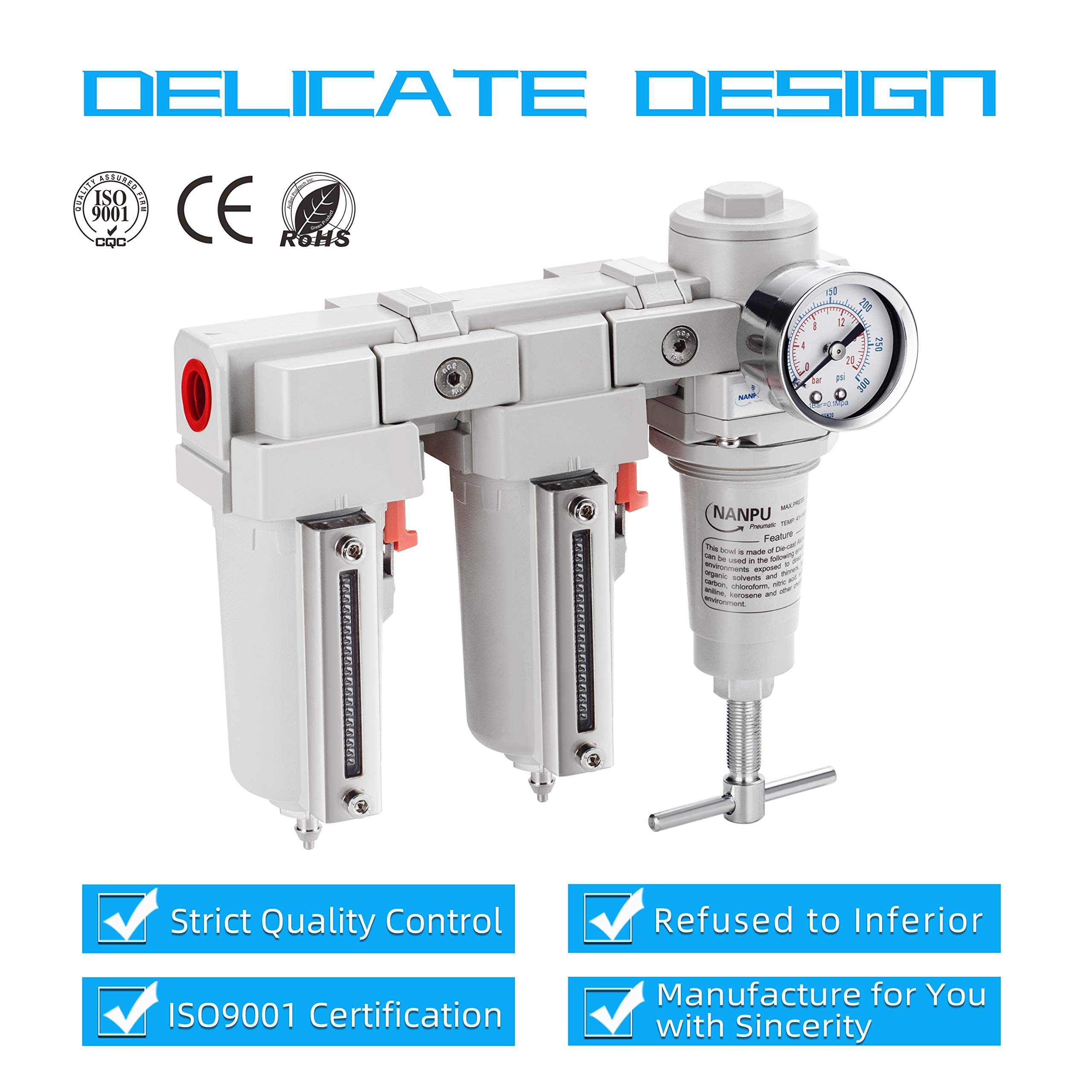 NANPU 1/2" NPT T-Handle High Pressure Air Drying System - Double 5 Micron Particulate Filter & Air Pressure Regulator Piston Combo, Semi-Auto Drain&Gauge