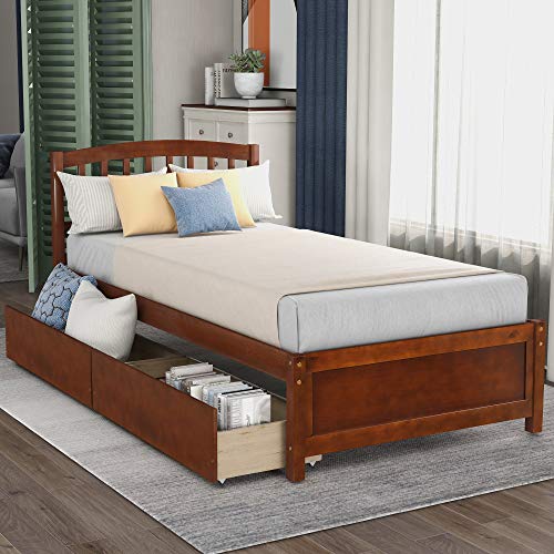BIADNBZ Twin Size Platform Bed with Two Storage Drawers and Headboard, Wood Bedframe for Kids Teens, Wooden Slats Support, No Box Spring Needed, Easy Assembly, Walnut