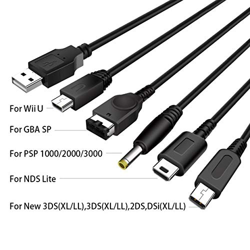 5 in 1 USB Charger Cable for Nintendo DS Lite/ Wii U/ New 3DS (XL/LL), 3DS (XL/LL), 2DS, DSi (XL/LL) ,NDS/Gameboy Advance SP, PSP 1000 2000 3000, Multi-Functional USB Charging Cord with Cable Tie