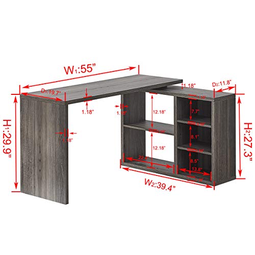 HSH L Shaped Computer Desk, Rustic Wood Corner Desk, Industrial Writing Workstation Table with Cabinet Drawer Storage for Home Office Study, Grey 55 inch