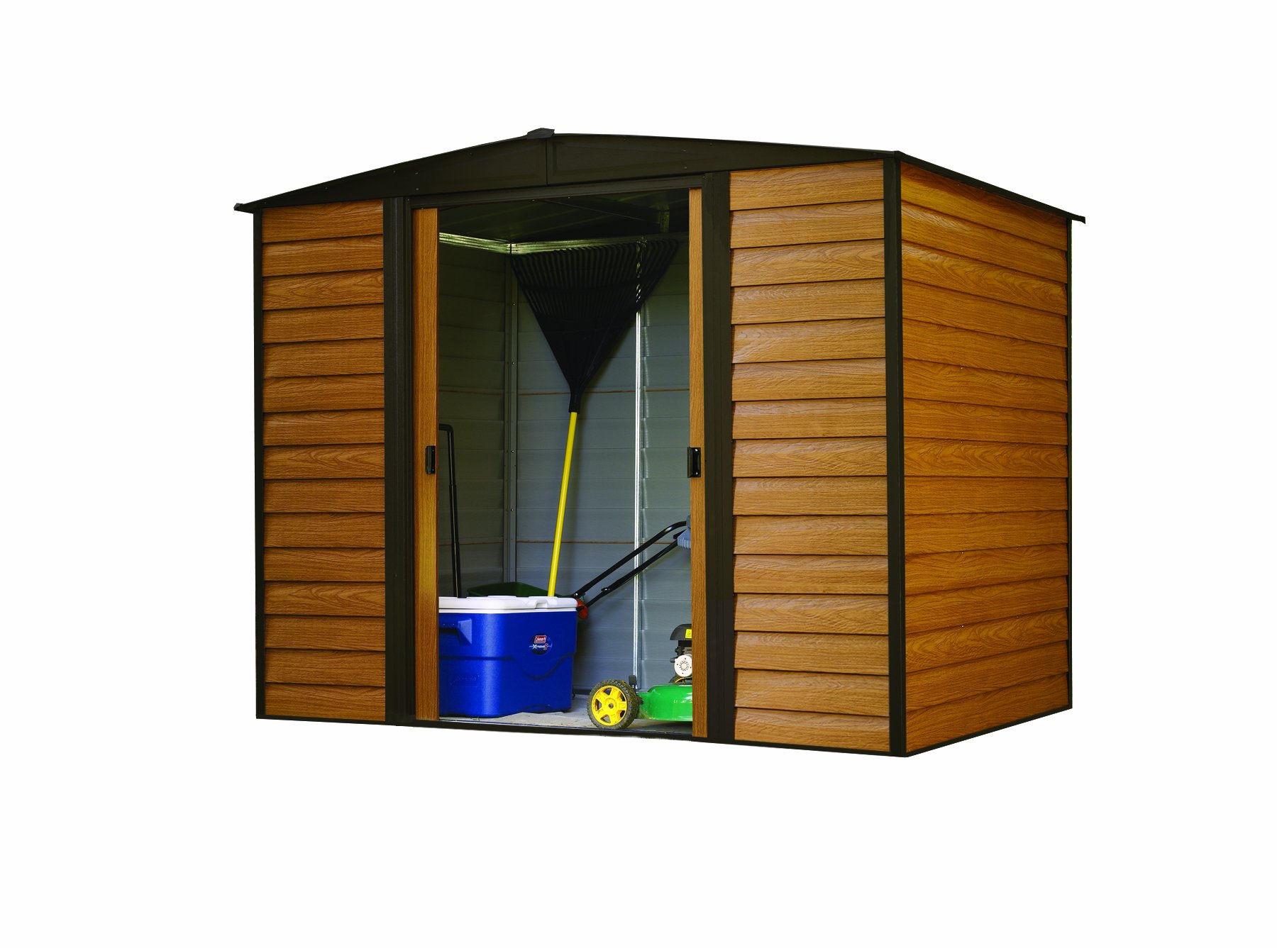 Arrow Shed WR65 Steel 6 x 5 ft. Low Gable Galvanized Coffee/Woodgrain Storage Shed, Wood Grain