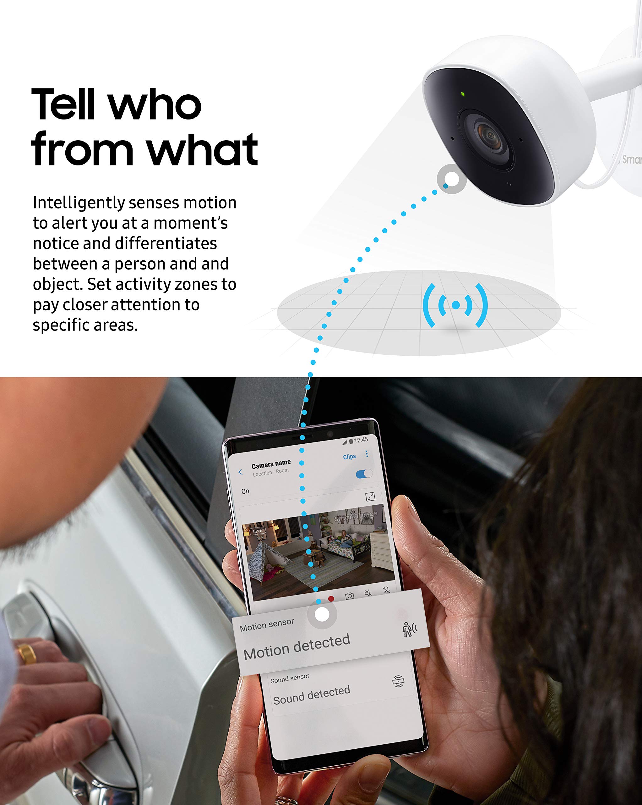 Samsung SmartThings Indoor Security Camera (GP-U999COVLBDA), 1080P HD Video with HDR, Night Vision, Advanced Motion Detection, and Two-Way Audio – Black/White