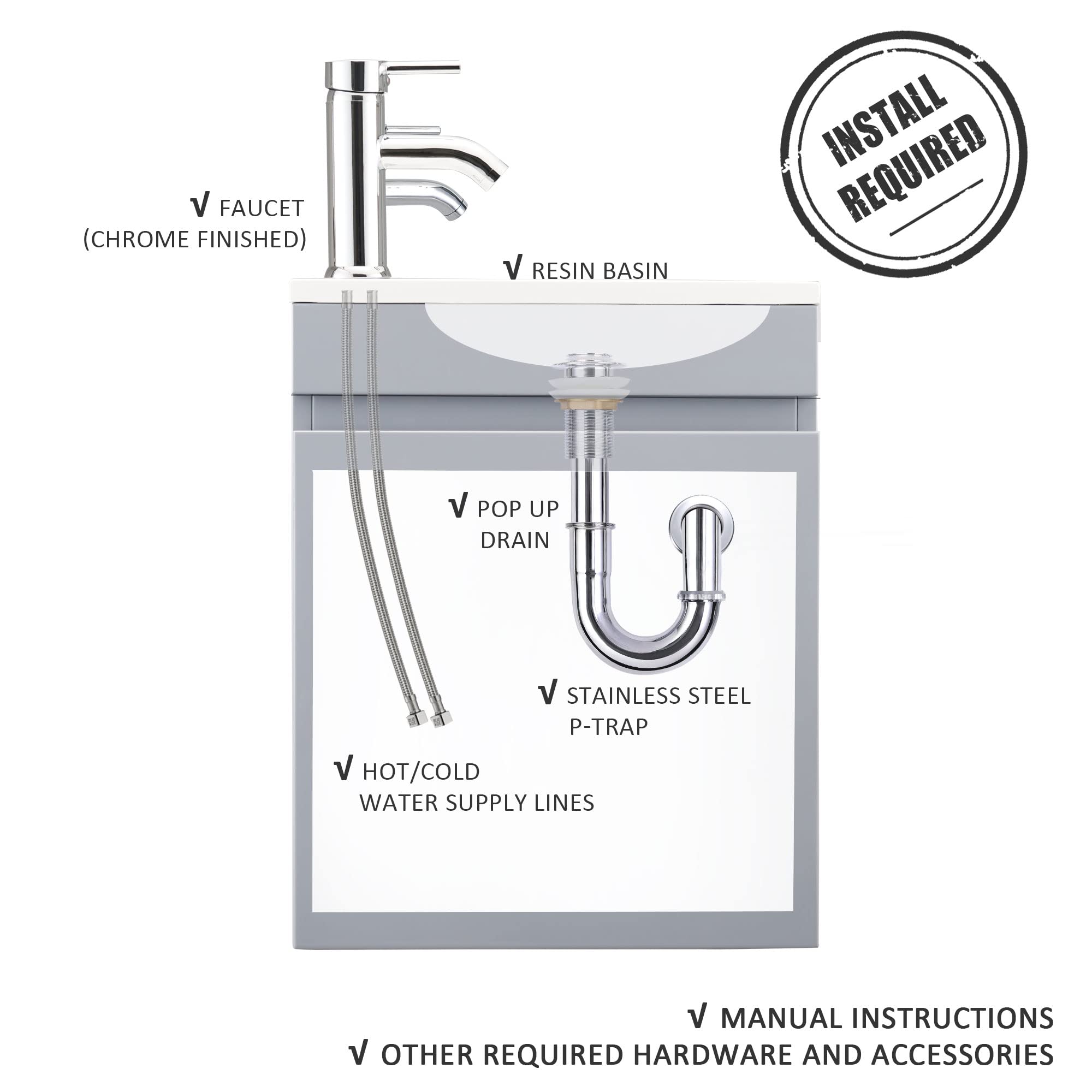 AHB 16" Bathroom Vanity W/Sink Combo for Small Space, Wall Mounted Bathroom Cabinet Set with Chrome Faucet Pop Up Drain U Shape Drain (Grey)…