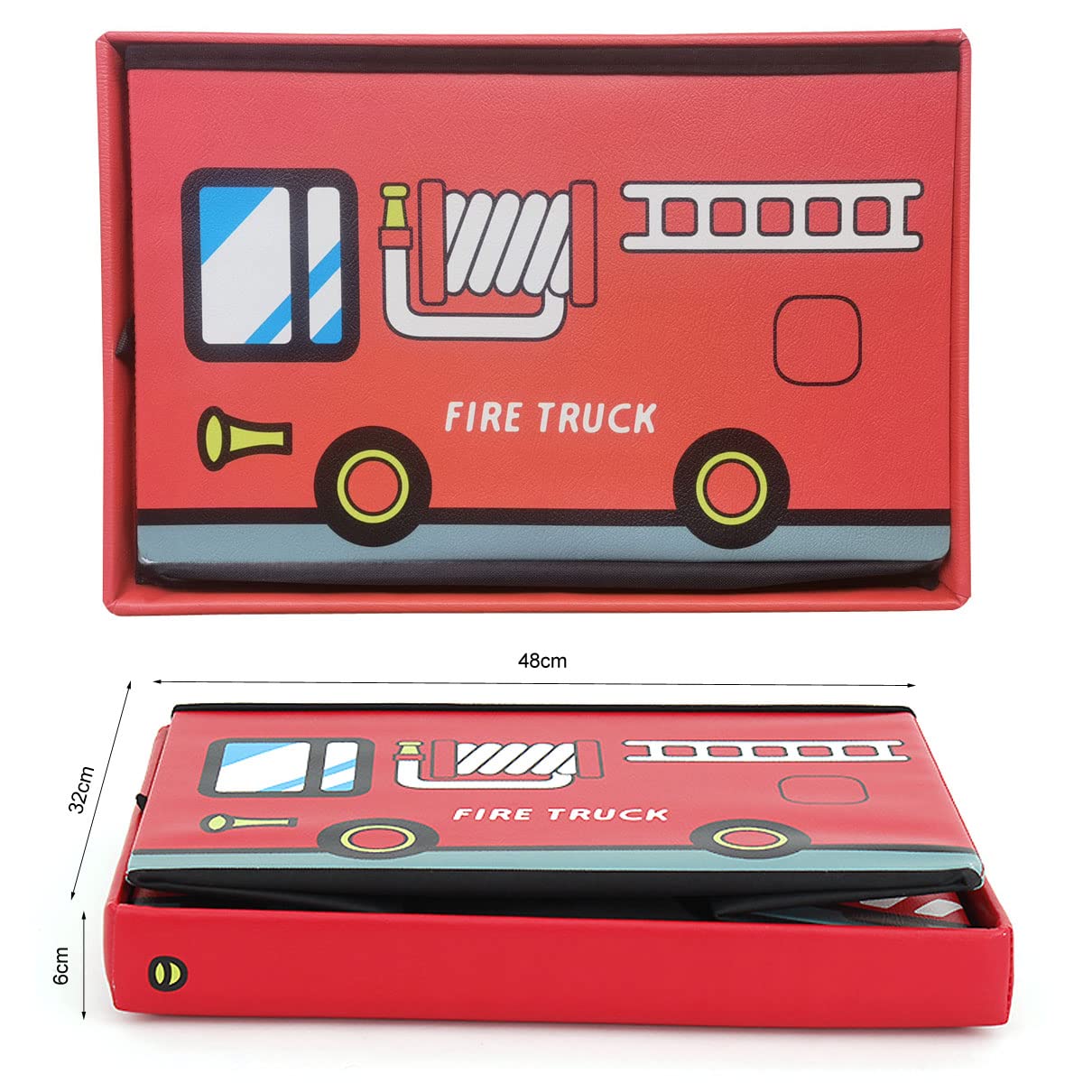 HOERGOTS Toy Chest with Lid Sturdy Toy Box for Boys Girls Fire Truck Pattern Foldable Children Storage Ottoman Bench Holds up to 660 lb, 19"x12"x12" (Red)