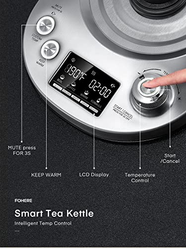 Electric Tea Kettle with 9 Presets, FOHERE Glass Kettle with Removable Infuser, 140℉ to 212℉ Precise Temperature Control, 1200W, 1.7L, Borosilicate Glass | Stainless Steel