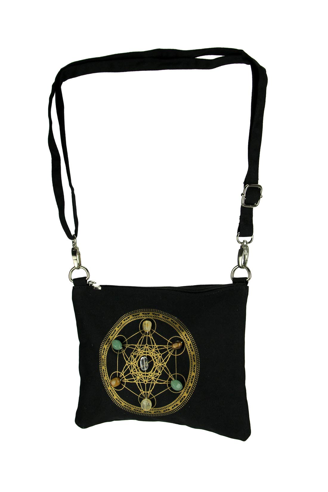 Black Canvas Sacred Geometry Cube for Wealth Gemstone Crystal Grid Crossbody Bag