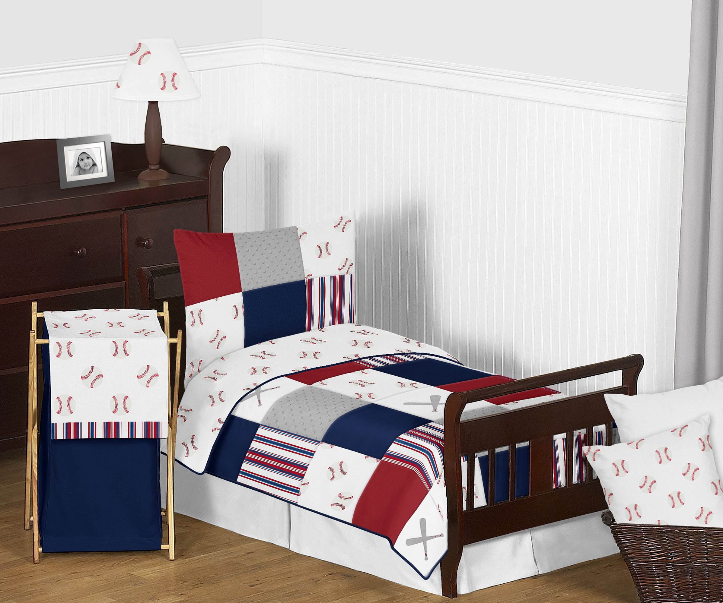 Sweet Jojo Designs Red, White and Blue Baseball Patch Sports Boy Toddler Kid Childrens Bedding Set - 5 Pieces Comforter, Sham and Sheets - Grey Patchwork Stripe
