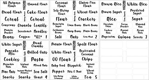 Kitchen Pantry Food Organization Clear Labels: 102 Attractive Gloss Artistic Preprinted Water Resistant Label Set to Organize Storage Containers, Jars & Canisters w/Extra Write-on Stickers