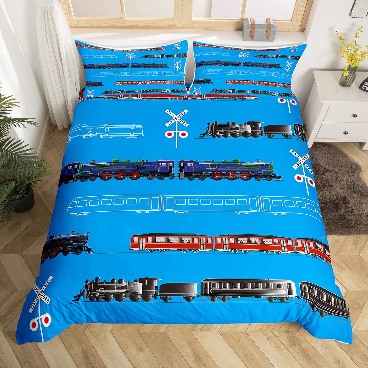 Feelyou Train Kids Boys Duvet Cover Retro Steam Engine Toddler Bedding Set for Teens Railway Track Transport Comforter CoverRed Blue Black Decor Quilt Cover Room 3Pcs Queen Size,Zipperā¦