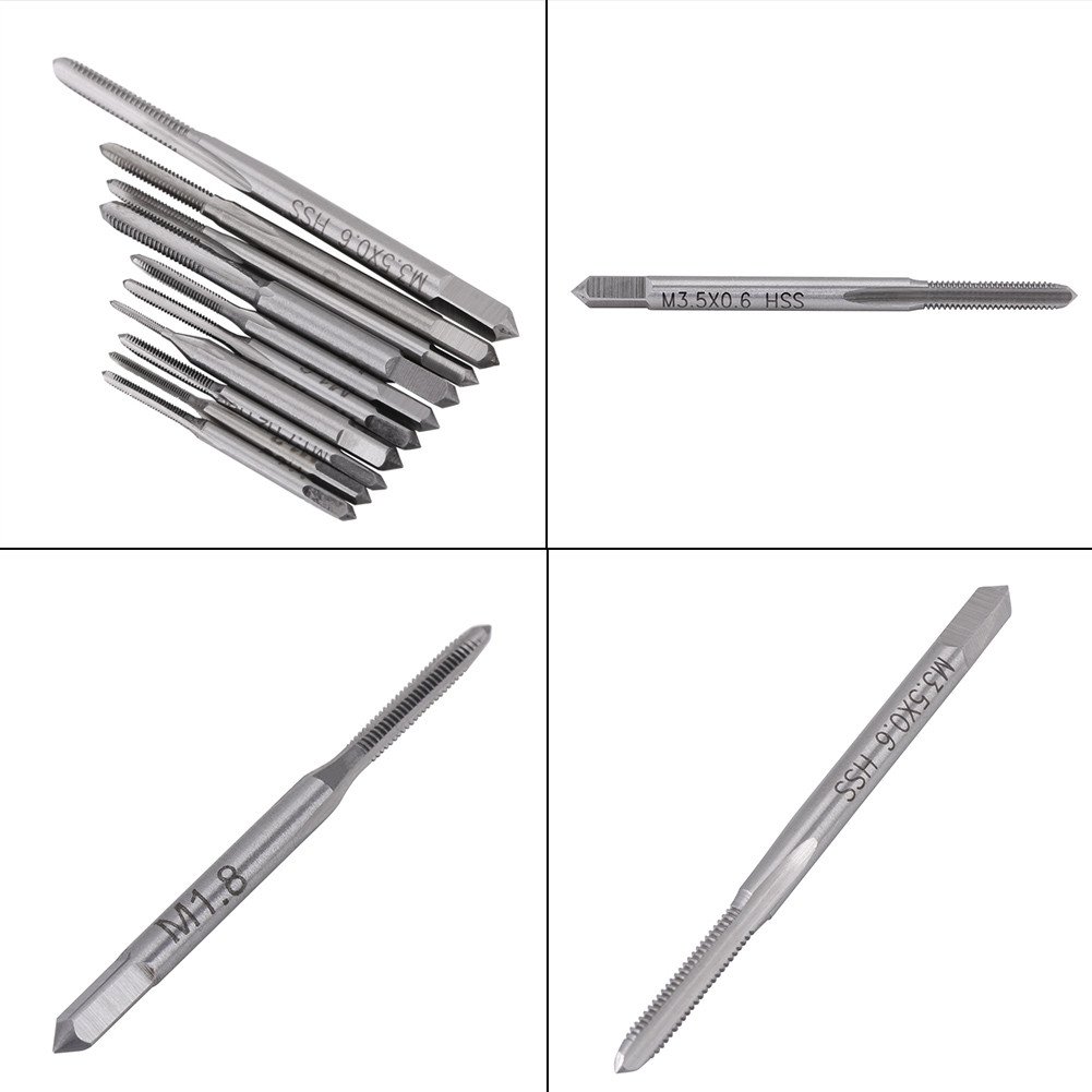 Mini Metric HSS Thread Tap Set, M1 M1.2 M1.4 M1.6 M1.7 M1.8 M2 M2.5 M3 M3.5 Drill Tap Bit, 10pcs Machine Hand Threading Tool for Wood, Plastic, Metal