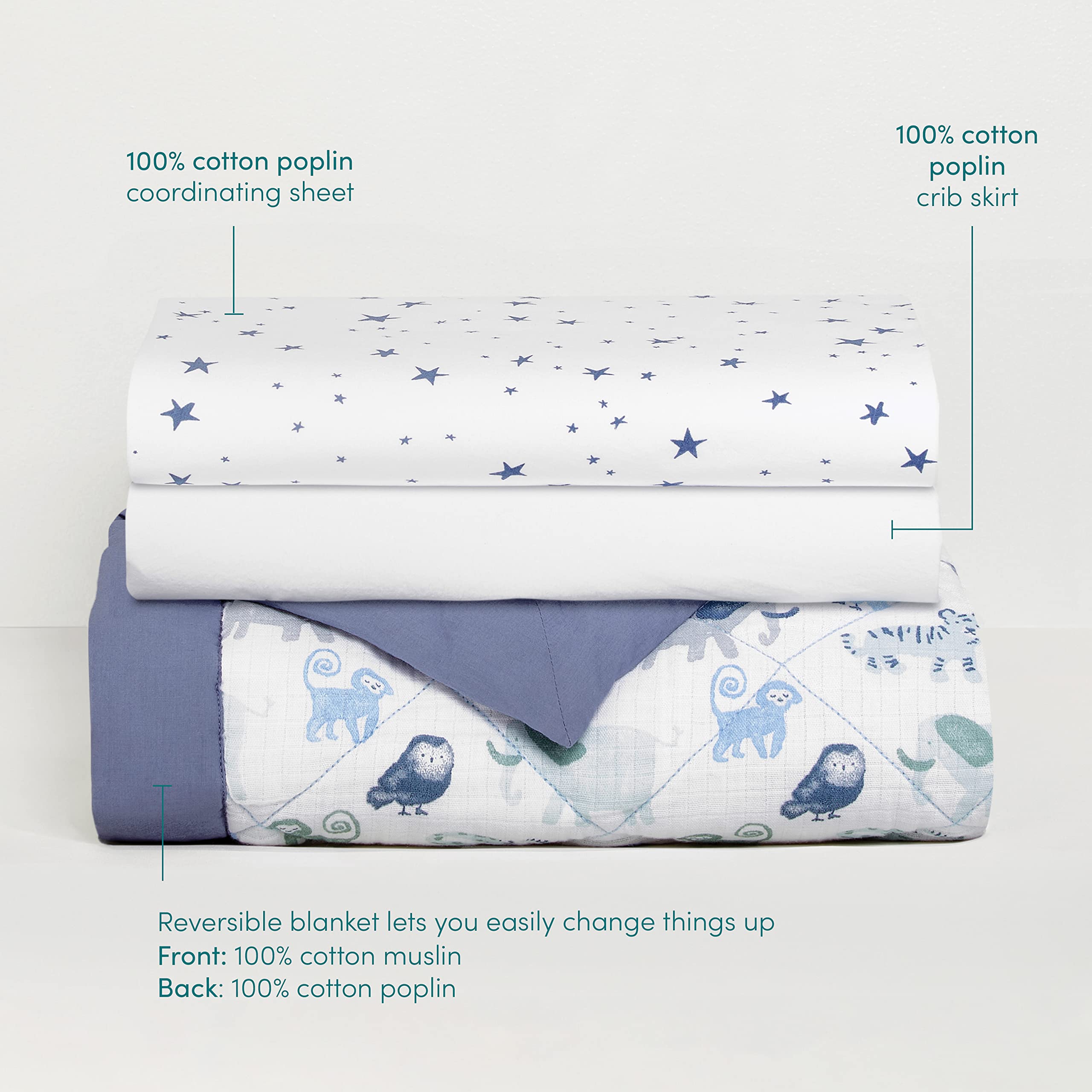 aden + anais Essentials 3-Piece Bedding Set and 2-Pack Poplin Crib Sheets, Time to Dream
