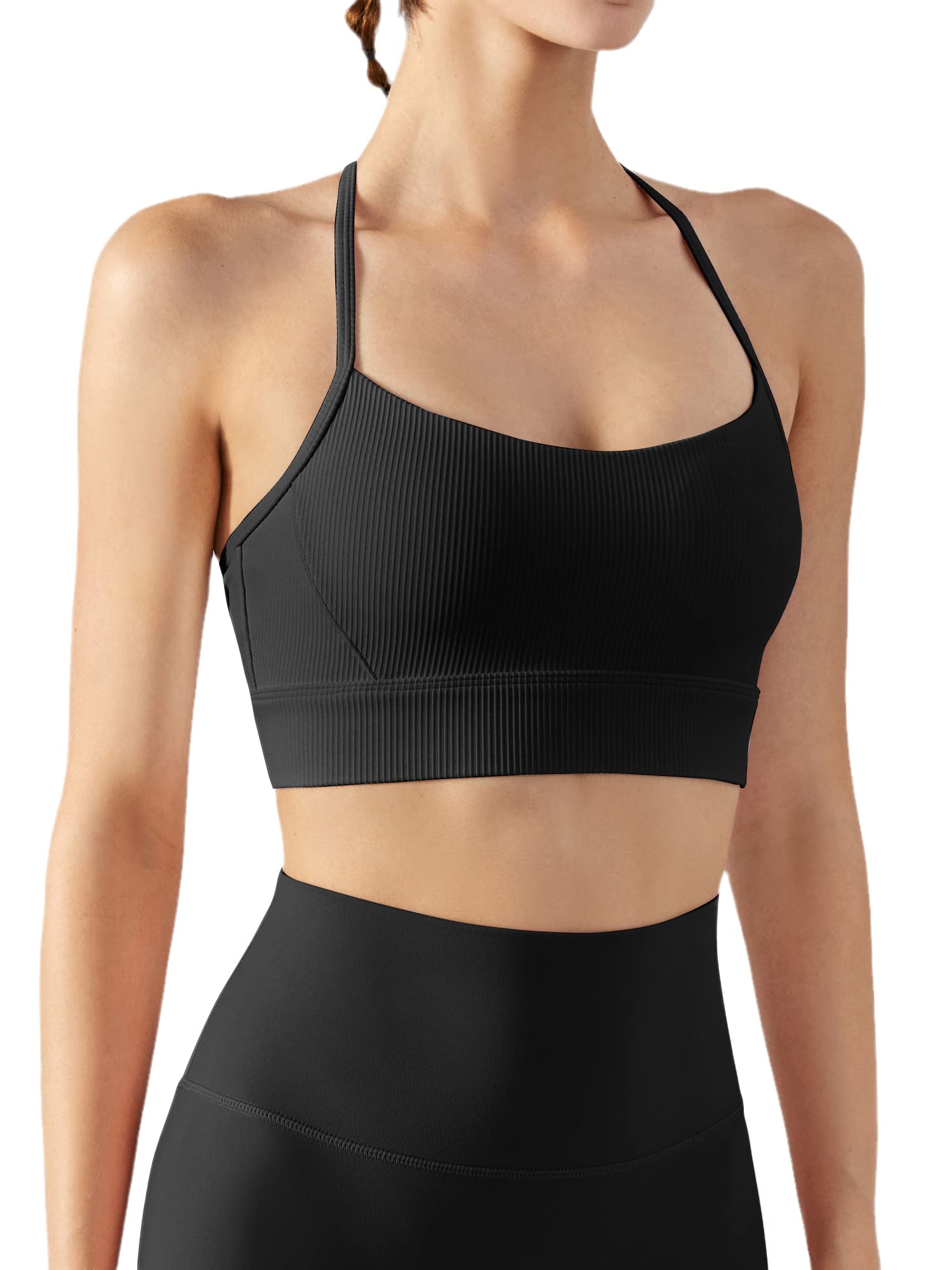 Abonlen Sports Bras for Women Ribbed Padded T Racerback Bras Yoga Workout Crop Tank Top (as1, Alpha, m, Regular, Regular, Black, Medium)