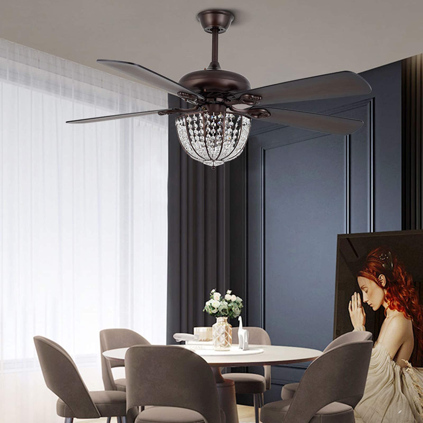 52-inch Ceiling Fan Light Fixture Chandelier Bronze with Remote Control Reverse Wood Fan Blade 3-Light for Home/Living Room Bedroom Home
