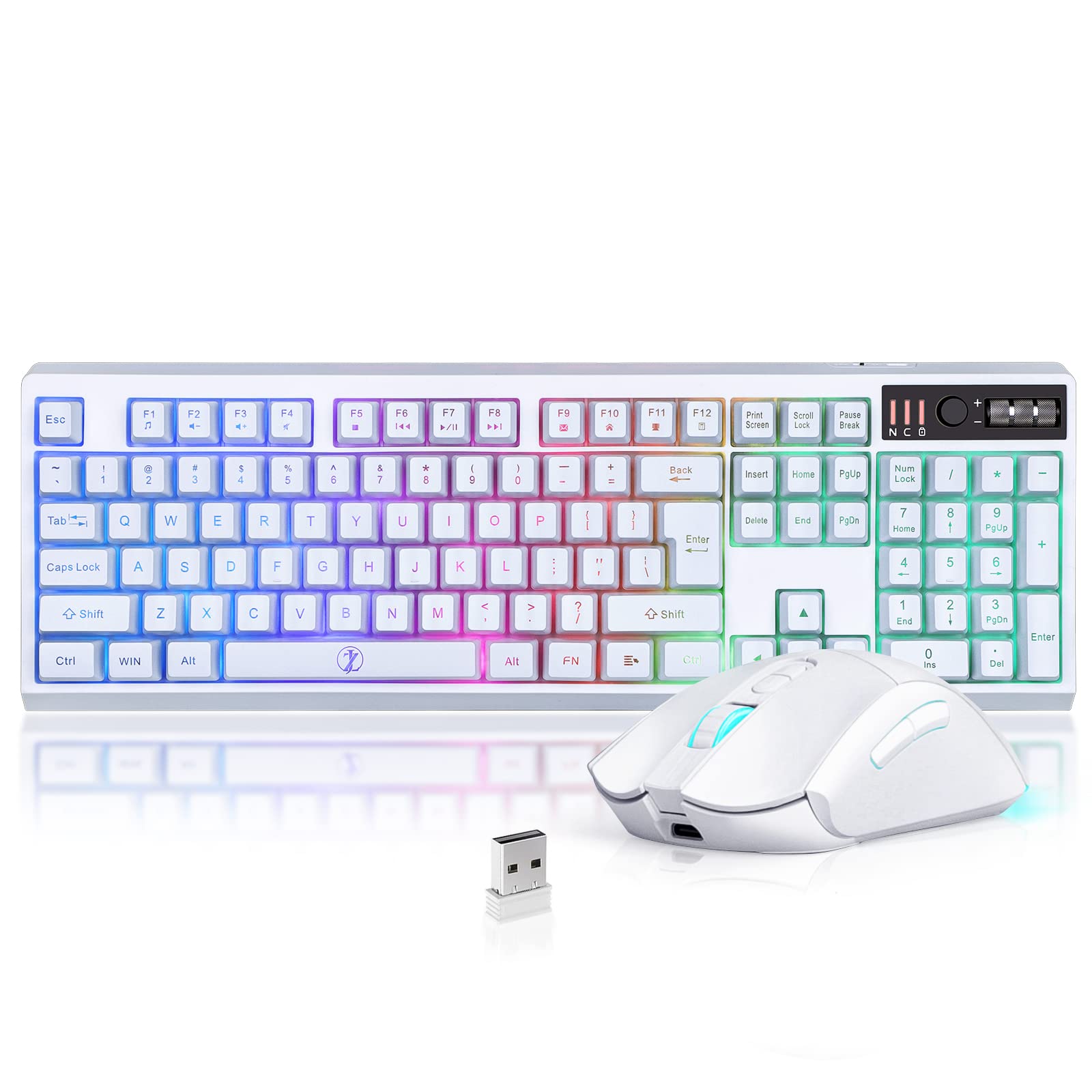Wireless Gaming Keyboard and Mouse Combo, 104 Keys Standard US Layout RGB Backlit Rechargeable Mechanical Feel Waterproof Mute Mouse for Gamers(White)