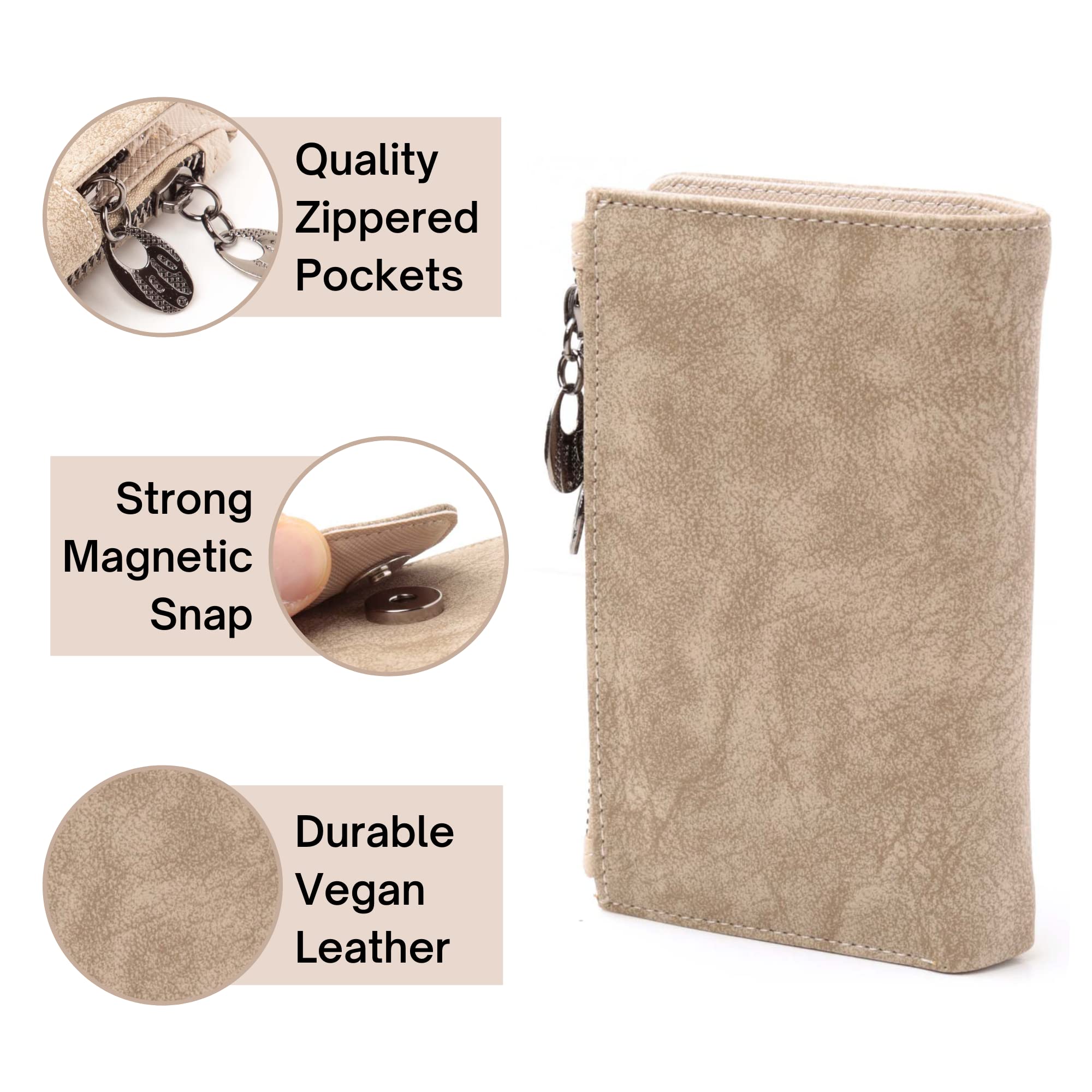 Cute Women’s Wallet, Bifold Slim Large Capacity Vegan Wallet For Women, Compact Design Stylish Wallet for Ladies (Beige)