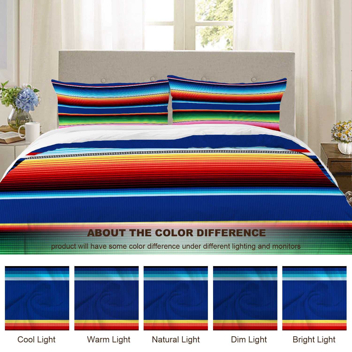 BaoNews Purplish Blue Mexican Stripes Duvet Cover Set King Size,3 Pieces Red Ethnic Serape Bedding Set Hotel Quality 100% Cotton Comforter Cover Set with 2 Pillowcases(No Filler)