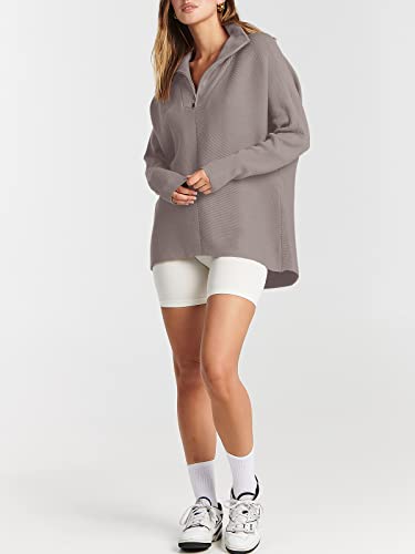 ANRABESS Women's Oversized Half Zip Sweaters 2023 Fall Quarter Zip V Neck Collared Long Batwing Sleeve Casual Loose Baggy Slouchy High Low Hem Knit Wram Tunic Sweater Winter Trendy 758hongxing-M