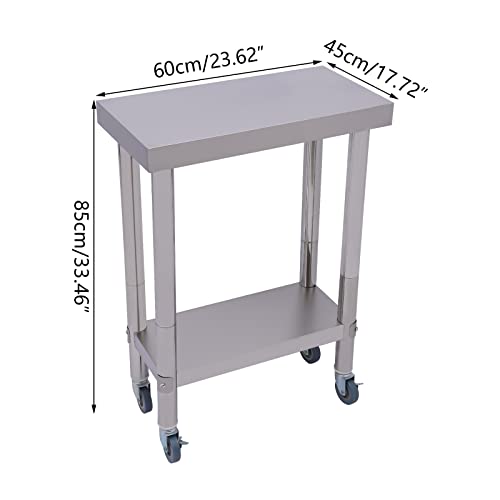 Commercial Stainless Steel Work Table, 30/45cm Kitchen Equipment Food Prep Table with Undershelf+Wheels Shelf Prep Table (60 * 45 * 85cm)