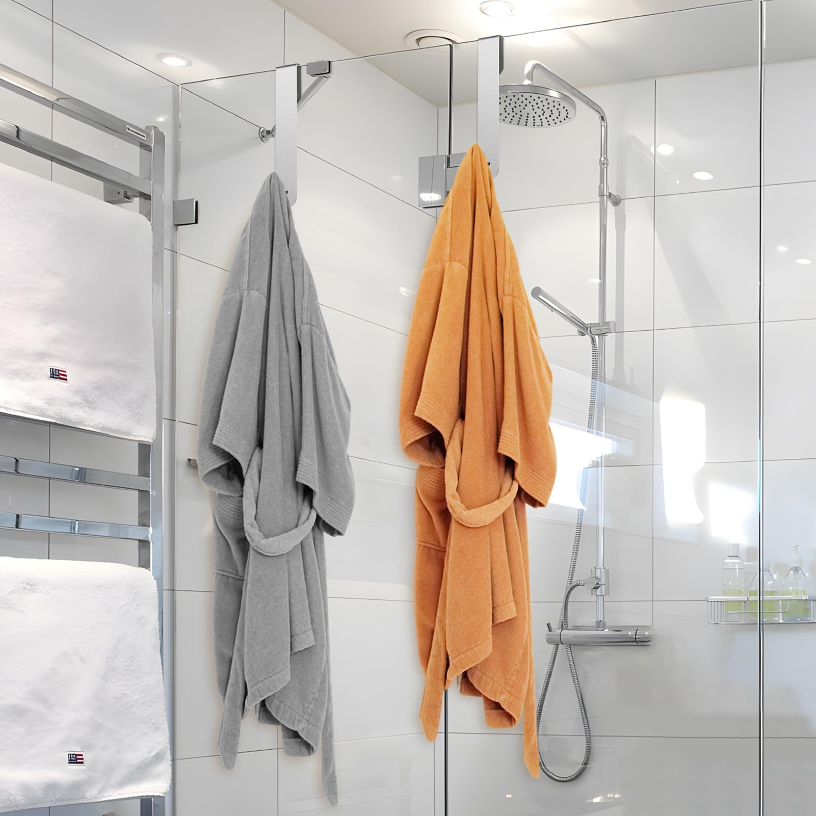 FYY Shower Door Hooks - 2 Pack 7" Over Door Towel Hooks for Bathroom Frameless Glass Shower Door, Heavy Duty Non-Slip Stainless Steel Hooks Rack for Robe Towel Sliver