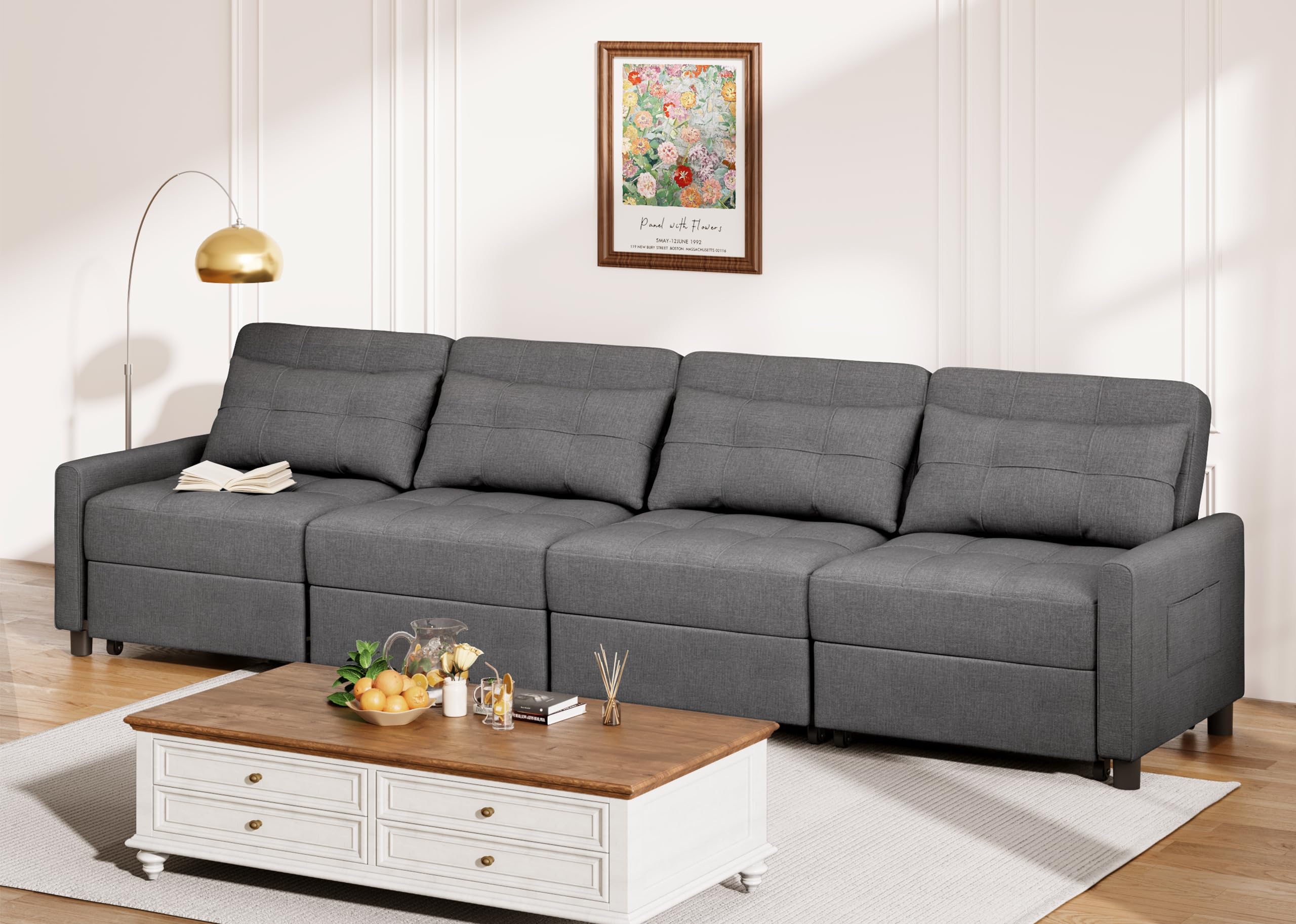 Aiho Pull Out Couch - 4-Seater Sectional Sleeper Sofa, Convertible with Adjustable Backrest & Spring Support for Living Room, Dark Grey