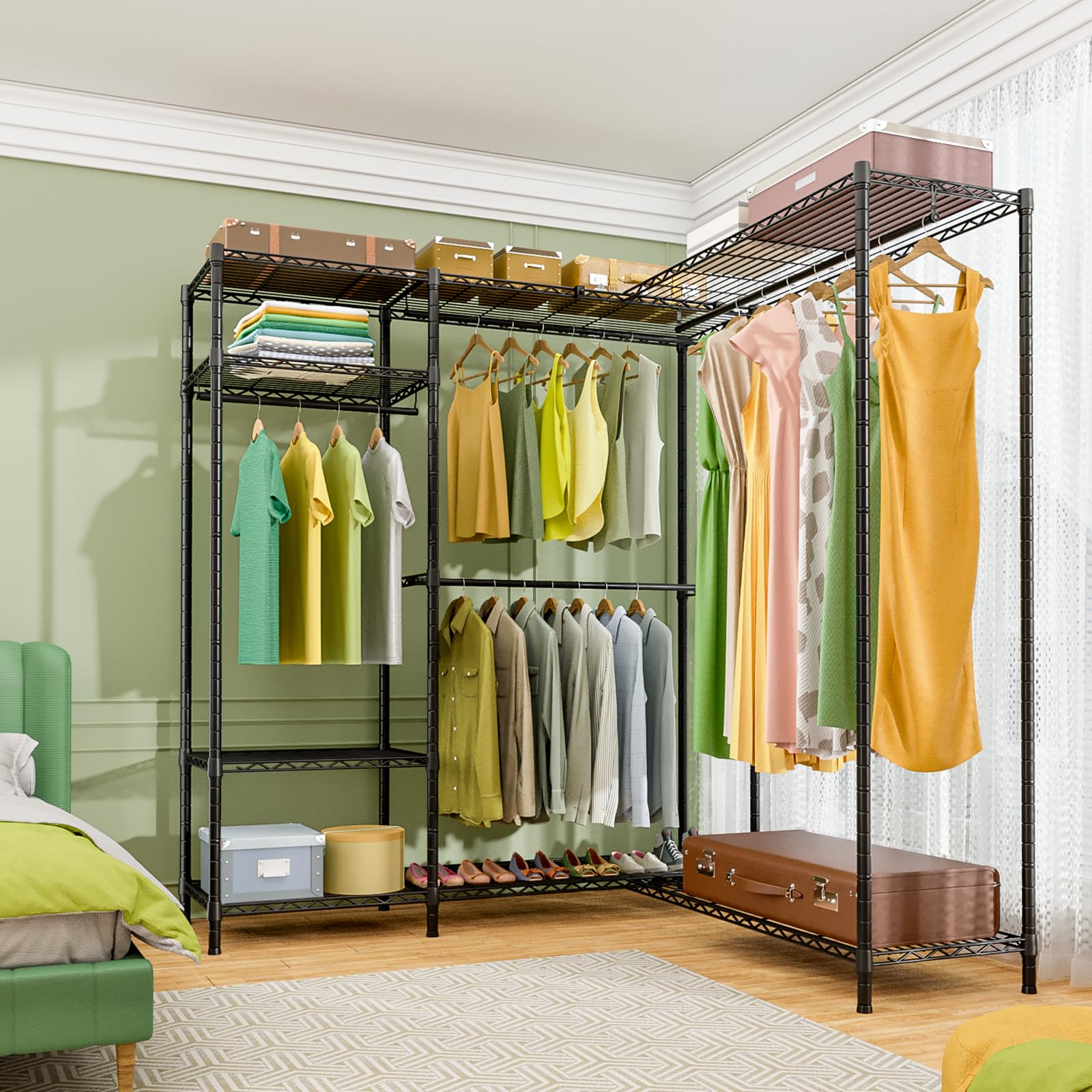 Ulif L2 L-shaped Clothes Rack, Freestanding Heavy-Duty Garment Rack with 6 Wire Shelves and 4 Hanger Rods, Portable Wardrobe Closet - 44" W x 43.3" L x 77.5" H, Max Load 802 LBS, Black