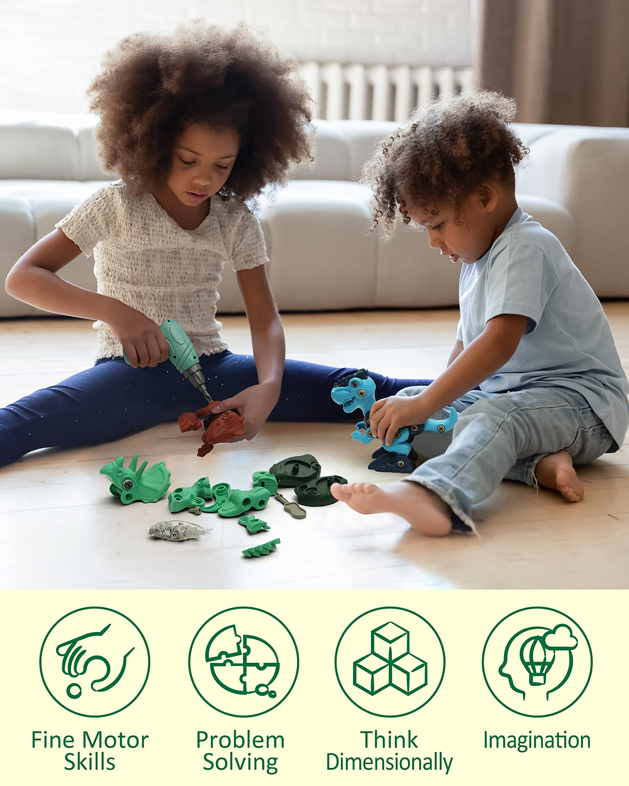 Coogam Take Apart Dinosaur Construction Toys 3 Pack, Fine Motor Skill Building Dinosaur Set STEM Educational Gift Game with Drill-Tyrannosaurus, Triceratops, Velociraptor for Year Old Kids