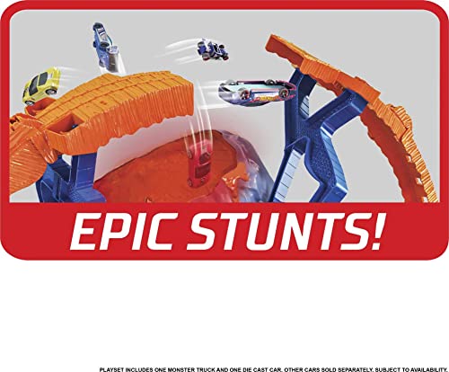 Hot Wheels Monster Trucks T-Rex Volcano Playset with 1:64 Scale Race Ace Toy Truck & 1 Toy Car, Track Set with Dinosaur Nemesis