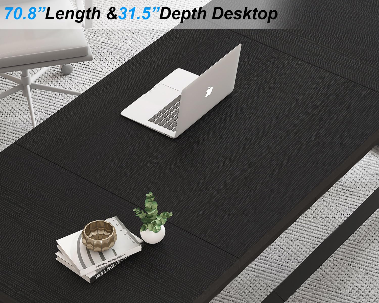 IBF Large Black Computer Desk, 70.8” Long Writing Desk for Home Office, Modern Simple Executive Work Study Desk for Two Person, Wood Double PC Gaming Workstation Computer Table for Bedroom, Black Oak