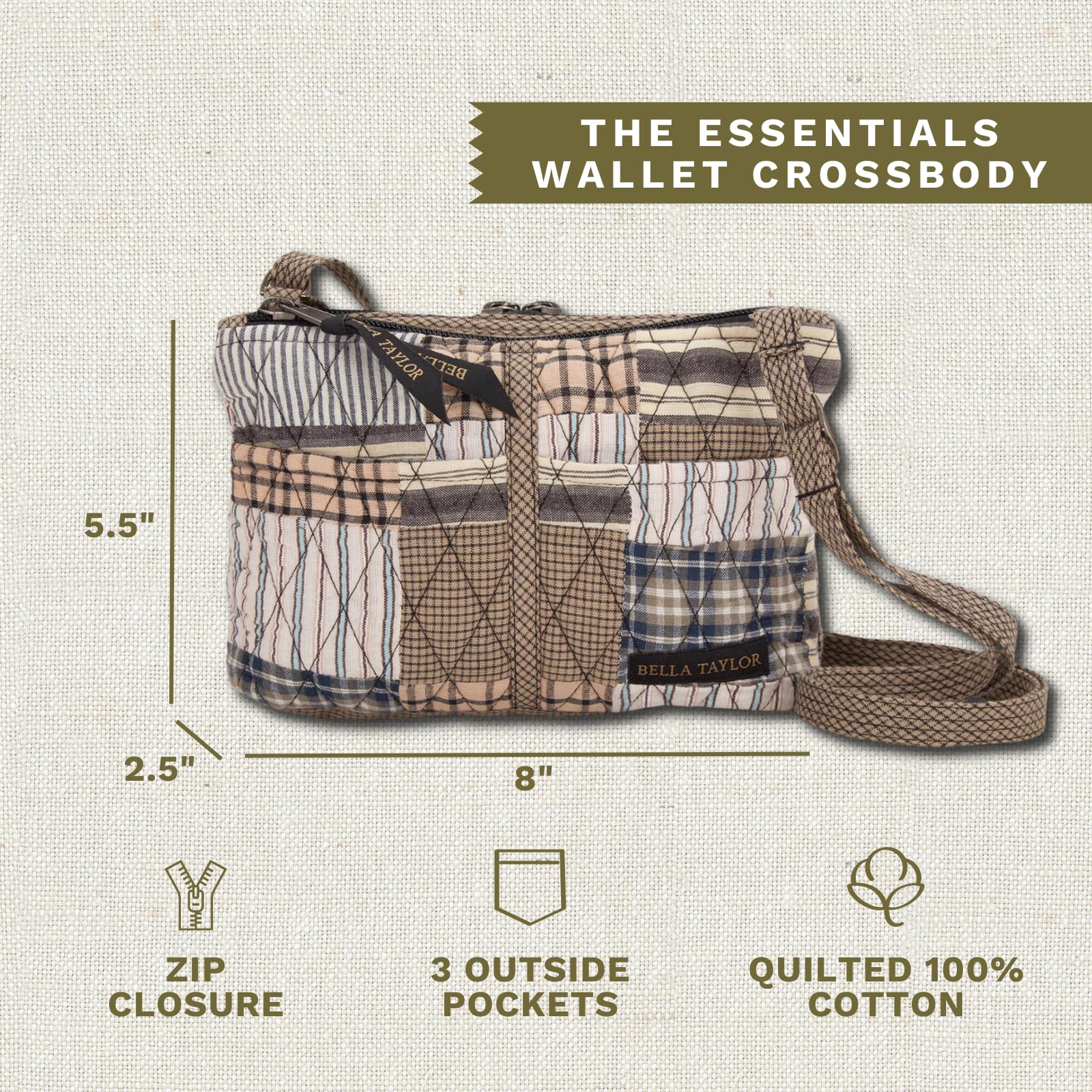 Bella Taylor Essentials Crossbody Purse with Built In Wallet, Quilted Cotton Ashmont Tan, Grey and Cream Patchwork
