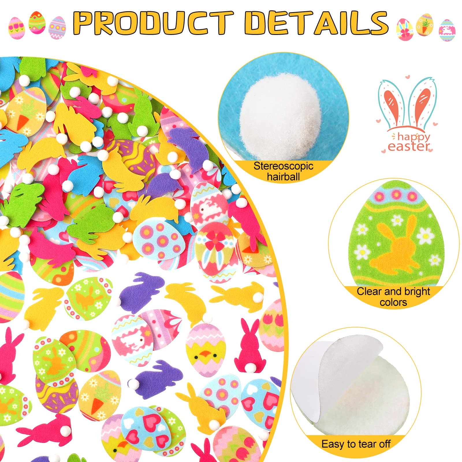 300 Pcs Easter Stickers Bunny Rabbit Egg Felt Self Adhesive Stickers for Kids Easter Arts Embellishments Crafts Scrapbook Gift Holiday Activities Boxes Envelope Party Supplies Decor