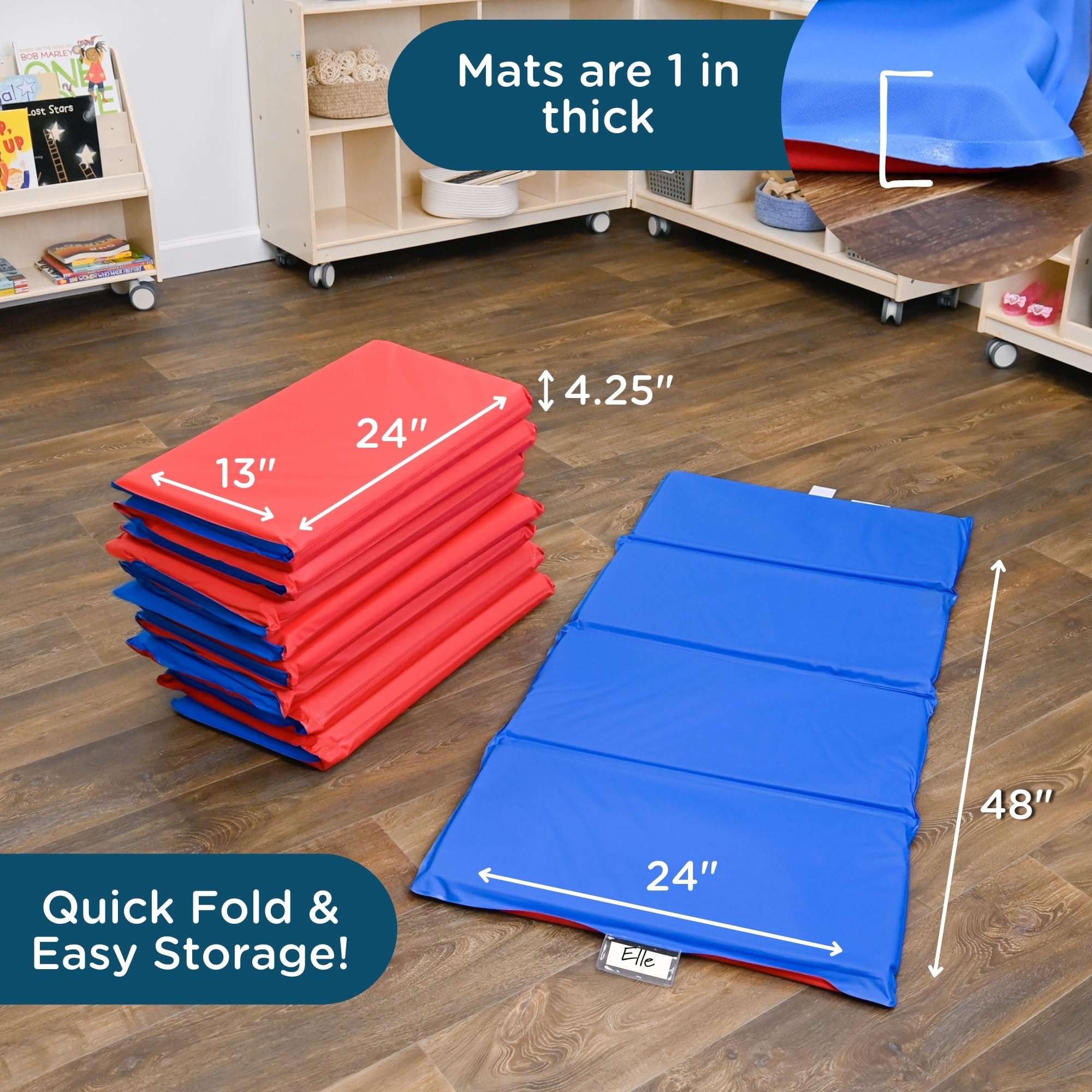 Children’s Factory 1 Inch Thick Rest Mats for Preschool, 4-Section Nap Mats for Daycare, Nursery, Classroom, Red-Blue, 10 Pack