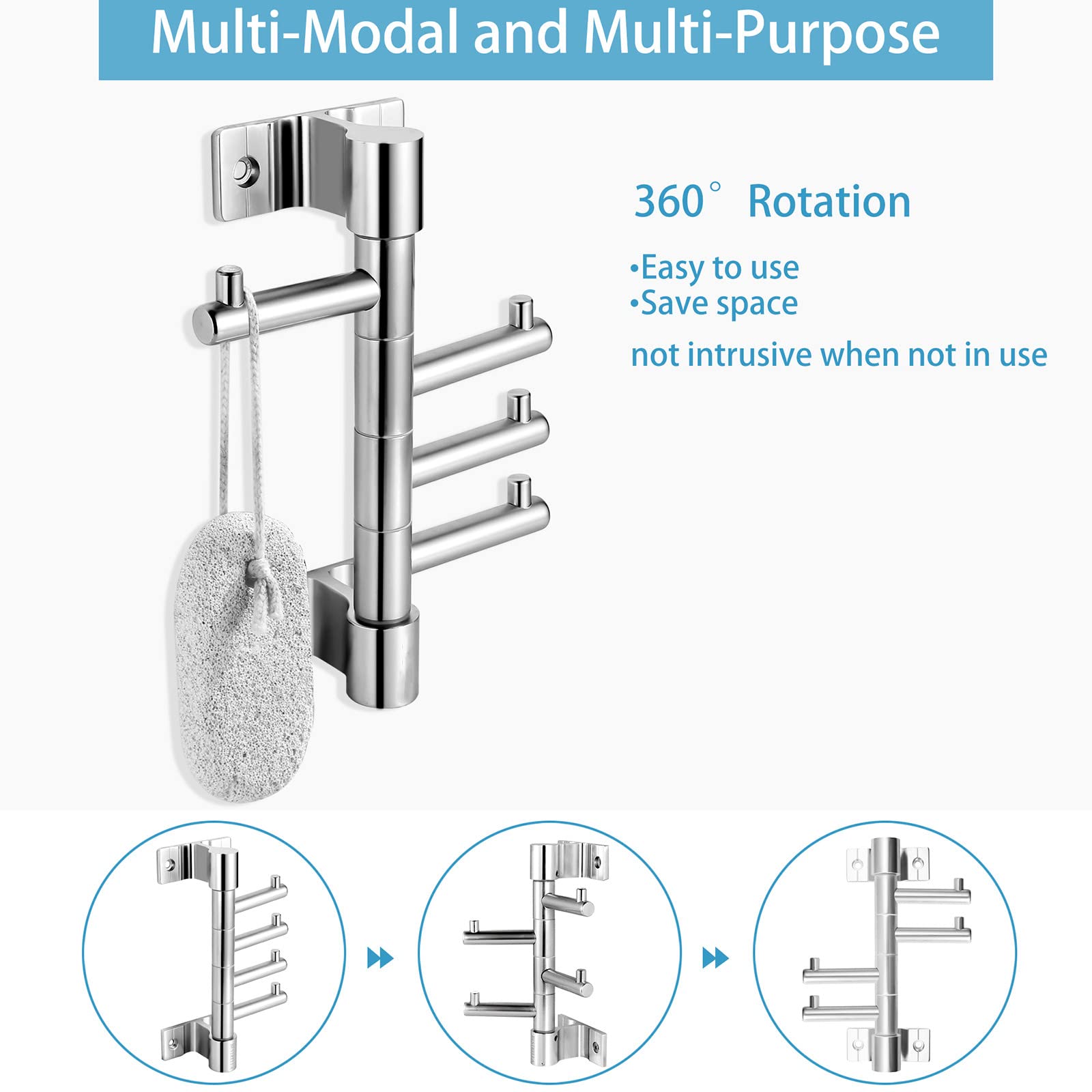 BAMTALK Swivel Towel Hooks Wall Coat Rack with 4 Swivel Arms, Towel Hooks for Bathrooms,Heavy Duty Wall Clothes Hooks, Swivel Coat Rack Hat Rack Wall Mount, Key Holder Hanger