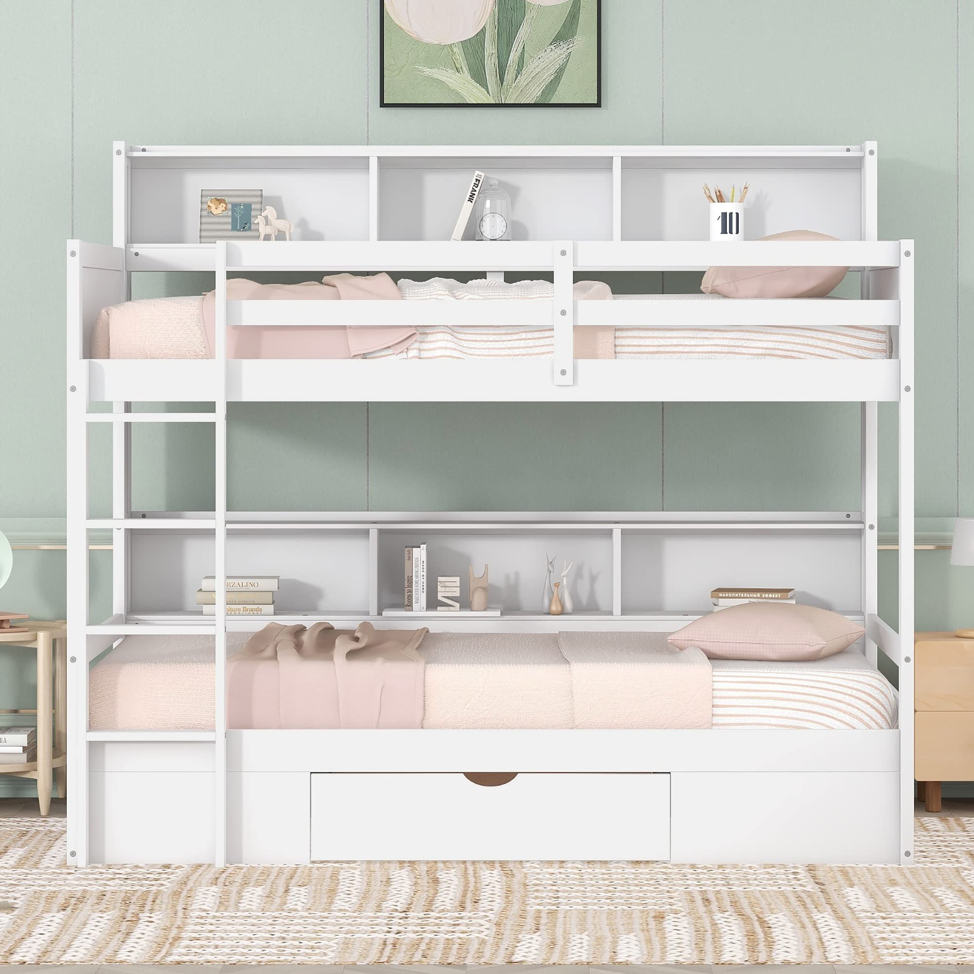 BIADNBZ Twin Over Twin Bunk Bed with Storage Drawer and Built-in Shelves Beside Both Upper and Down Bedframe, for Kids Teens Adults Bedroom, White