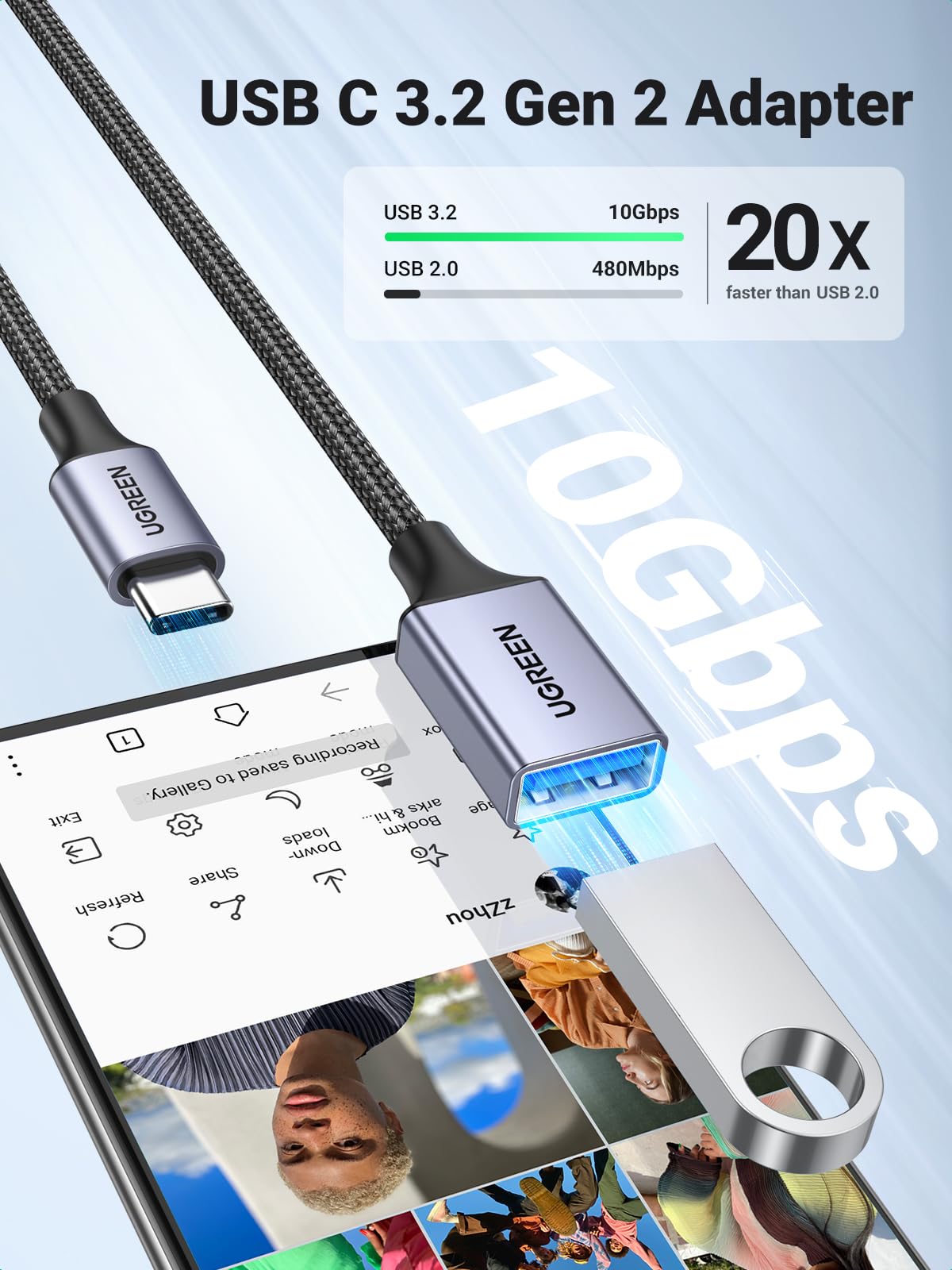 UGREEN USB C to USB A 3.2 Adapter,USB C Male to USB Female Adapter Nylon Braid,Type C OTG Cable Compatible with iPhone 16 15 Pro, Samsung S23 Ultra, MacBook Pro 2022, MacBook Air/Mini,iPad