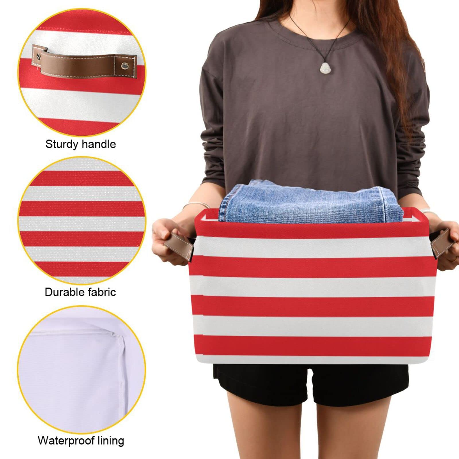 AHOMY Storage Basket Red and White Striped Cube Storage Bins Organizer Bag with Handles 2-Pack