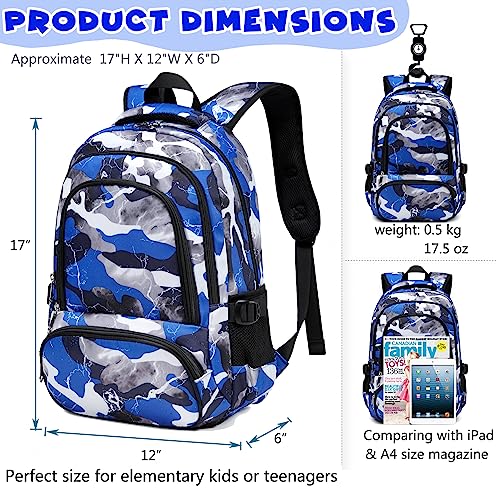 BLUEFAIRY Kids Backpack Boys Elementary School Bags Primary Middle School Book Bags for Teens Kindergarten Sturdy Waterproof Lightweight Durable Travel Gifts 17 Inch Ages 6-12 (Camo Blue)