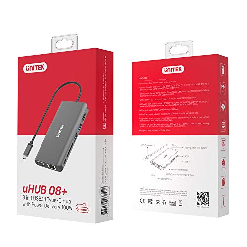 UNITEK Hub USB-C with Power Delivery, HDMI v.1.4 4K@30Hz, Ethernet/Internet Connection, 2 x USB 3.0, USB C with PD 100 W, 20 V/5 A, SD Card Reader, 3.5 mm Audio Connection, Aluminium, Grey