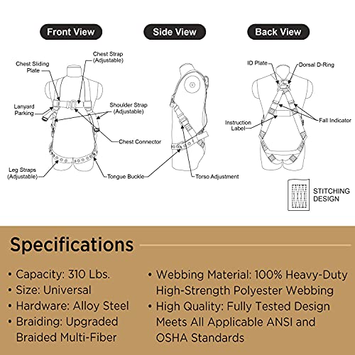 AFP Universal Full-Body Fall Protection Safety Harness w/ 3 D-Rings and Tongue Buckle Legs| Roofer, Construction, Scaffolding PPE (OSHA/ANSI Compliant) (Harness, 1 Pack)