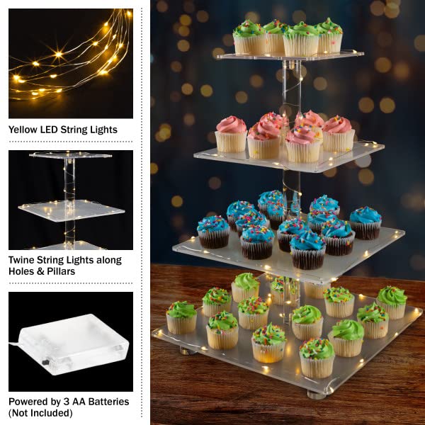 4-Tier Cupcake Stand - Square Acrylic Display Stand with LED Lights for Birthday, Tea Party, or Wedding Dessert Tables by Great Northern Popcorn