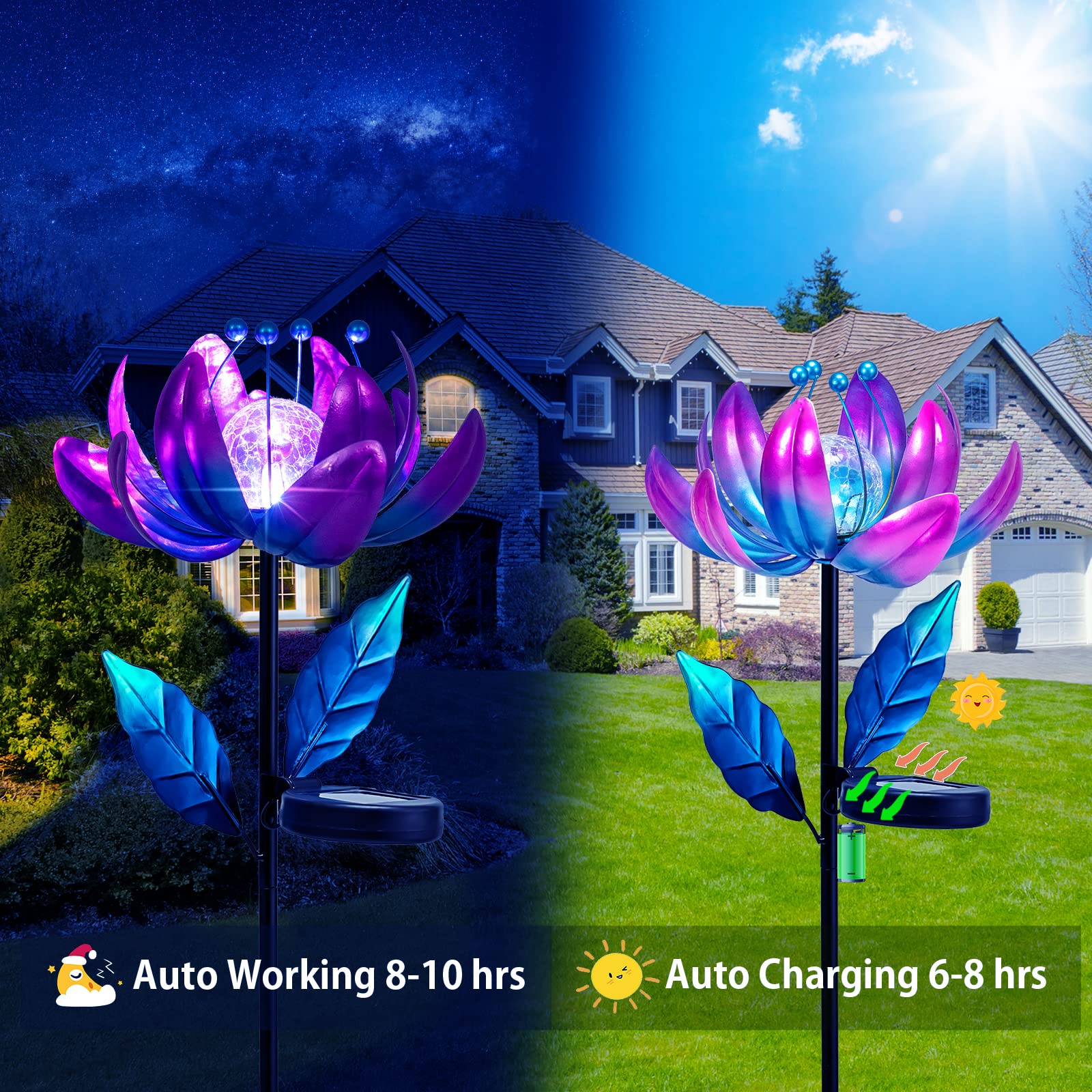 AIINY Solar Purple Metal Flower Wind Spinners, Colorful Spinning Windmill Lotus Yard Art Lights Wind Pinwheels with LED Crystal Ball Decorative Stake Lighting Flower Sculpture