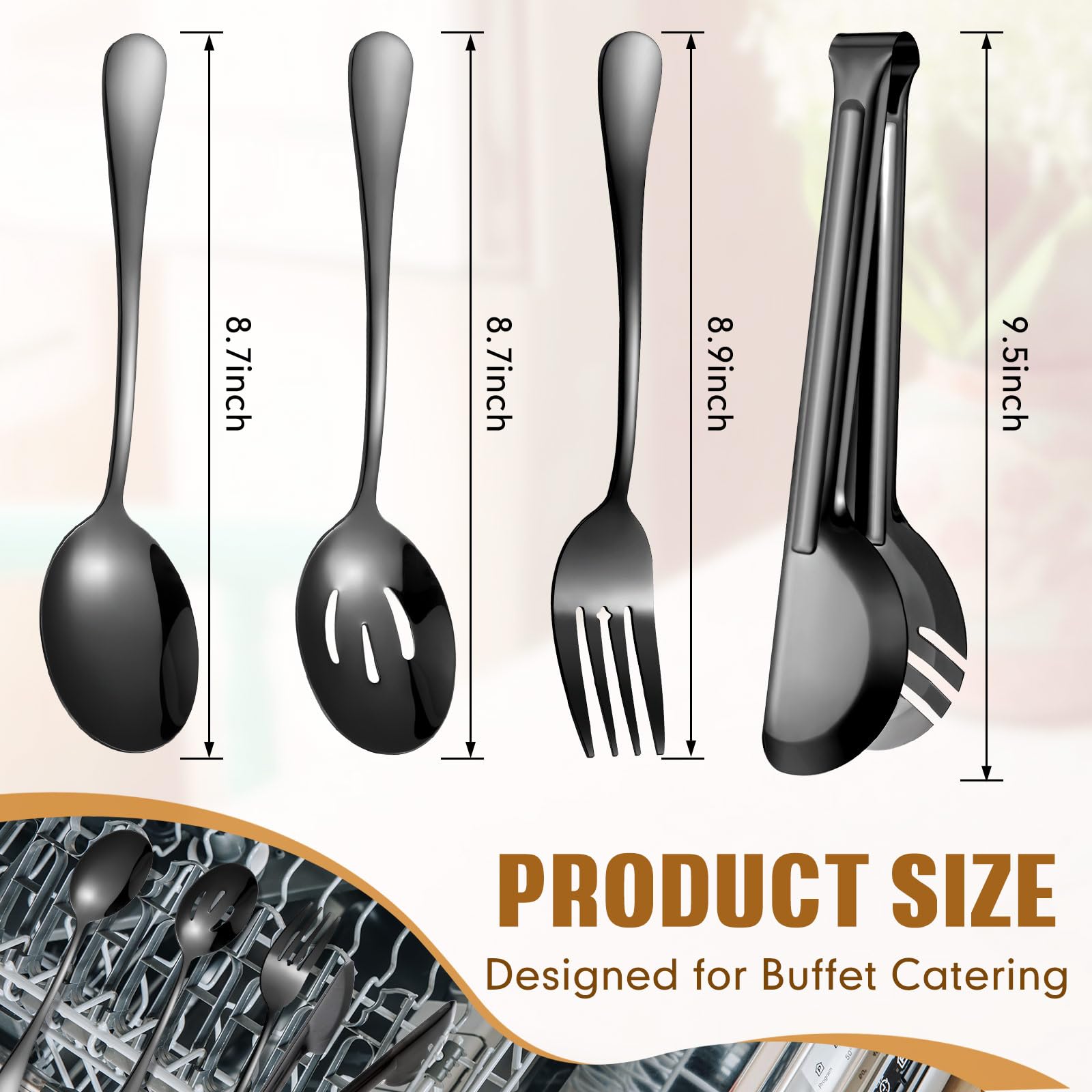 Patelai 15 Pieces Christmas Stainless Steel Serving Utensils Set 8.7" Large Serving Spoons Slotted Spoon 9.45" Tong 9" Serving Forks Flatware Kitchen Catering Banquet Wedding Party (Black)