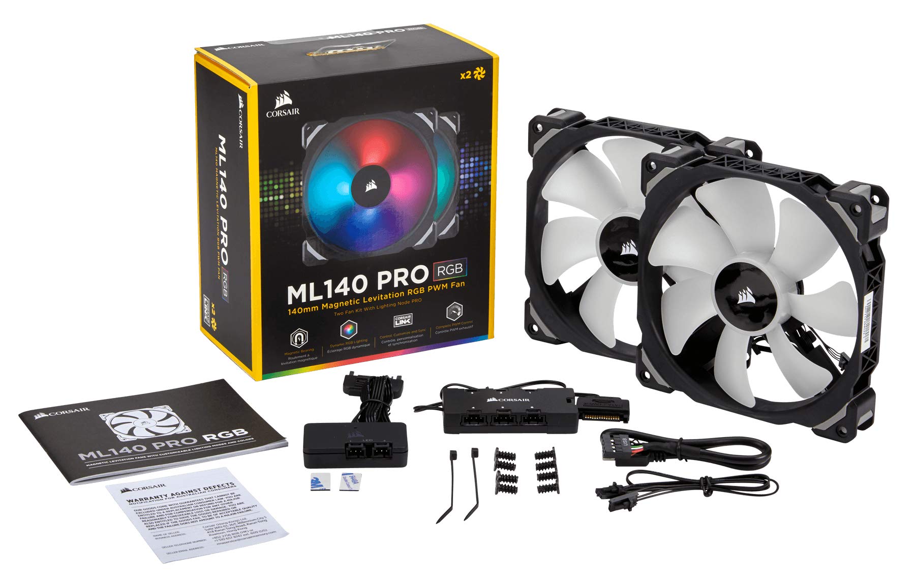 Corsair ML140 PRO 140mm Premium Magnetic Levitation RGB LED PWM Fan with Lighting Node Twin Pack (CO-9050078-WW)