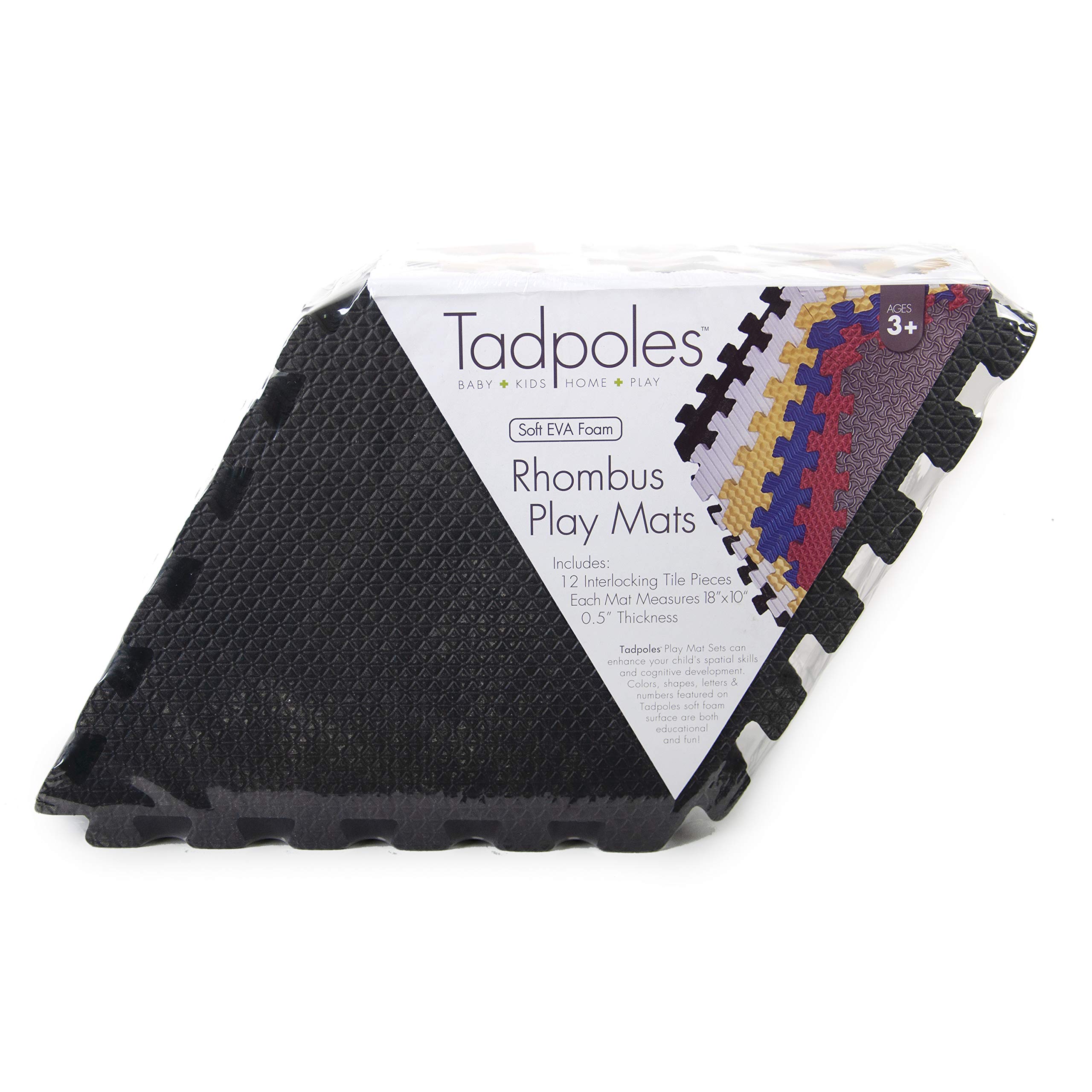 Tadpoles 12-Piece Rhombus Shaped Playmat | Interlocking Foam Mats | Soft and Durable | Total Floor Coverage of 54โ x 40โ | Ideal for the Playroom, Den, Bedroom, and More | For Kids and Adults | Black