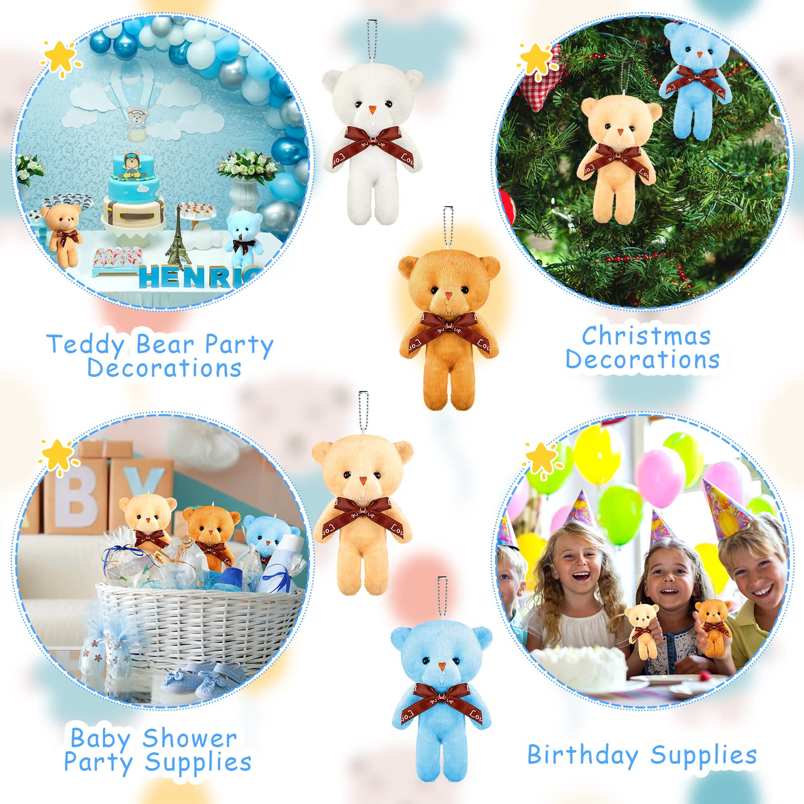 Chivao 12 Pieces Joint Mini Bears Toy Plush Bear Baby Shower Decorations Stuffed Animals Soft Tiny Bears Doll Small for Birthday Cake Wedding Ornaments Keychain DIY Accessory (Boy Bow Style)