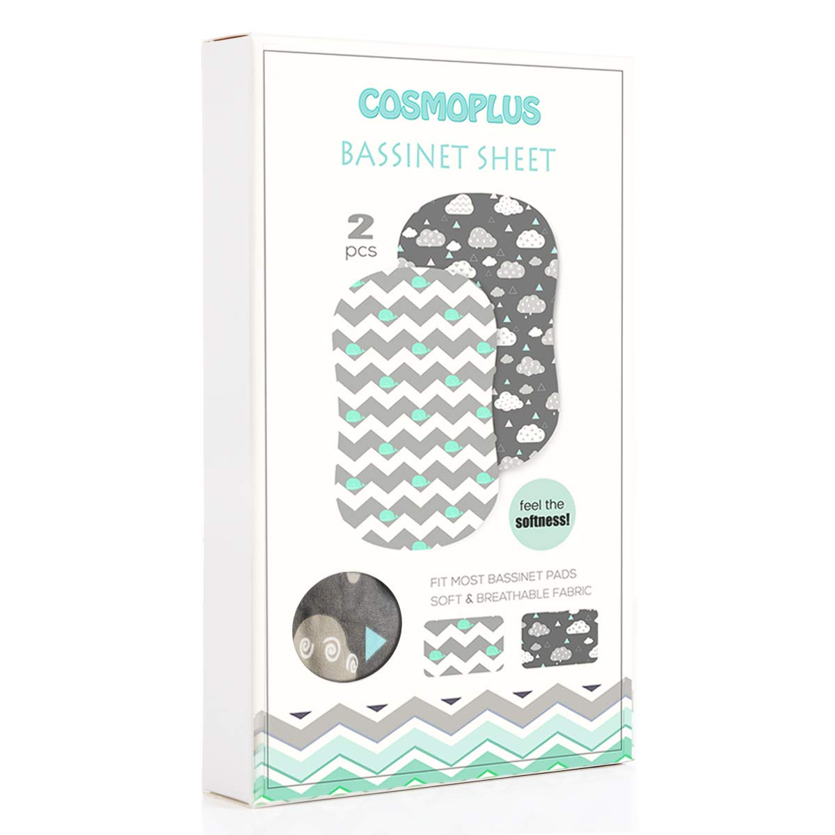 COSMOPLUS Bassinet Sheet Set 2 Pack Stretch Fitted Cradle Fitted Sheets for Bassinet Pads/Mattress, for Boys Girls,Unisex,Ultra Soft,Whale/Cloud
