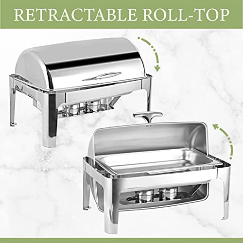 Deluxe Chafer Dish -8-quart capacity Full-Size S/S rectangular Includes Food Pan, Water Pan and Fuel Holders shiny silver, keeps food warm in catered events (8-Qt with Full Size Pan) CHEFQ